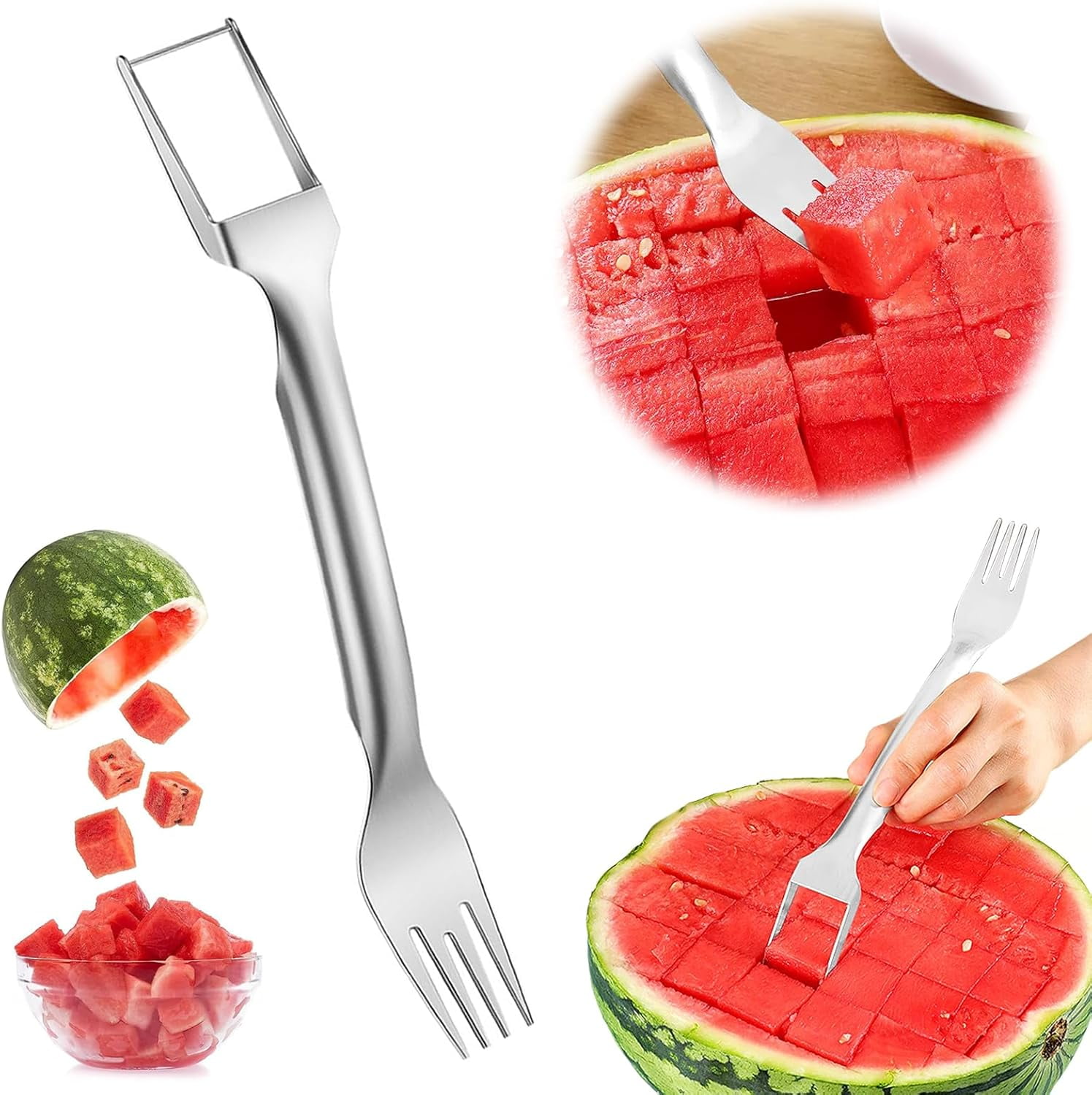 Watermelon Cutter Slicer Fruit Tool - 2-in-1 Stainless Steel Watermelon Cube Cutter, Melon Fork ...