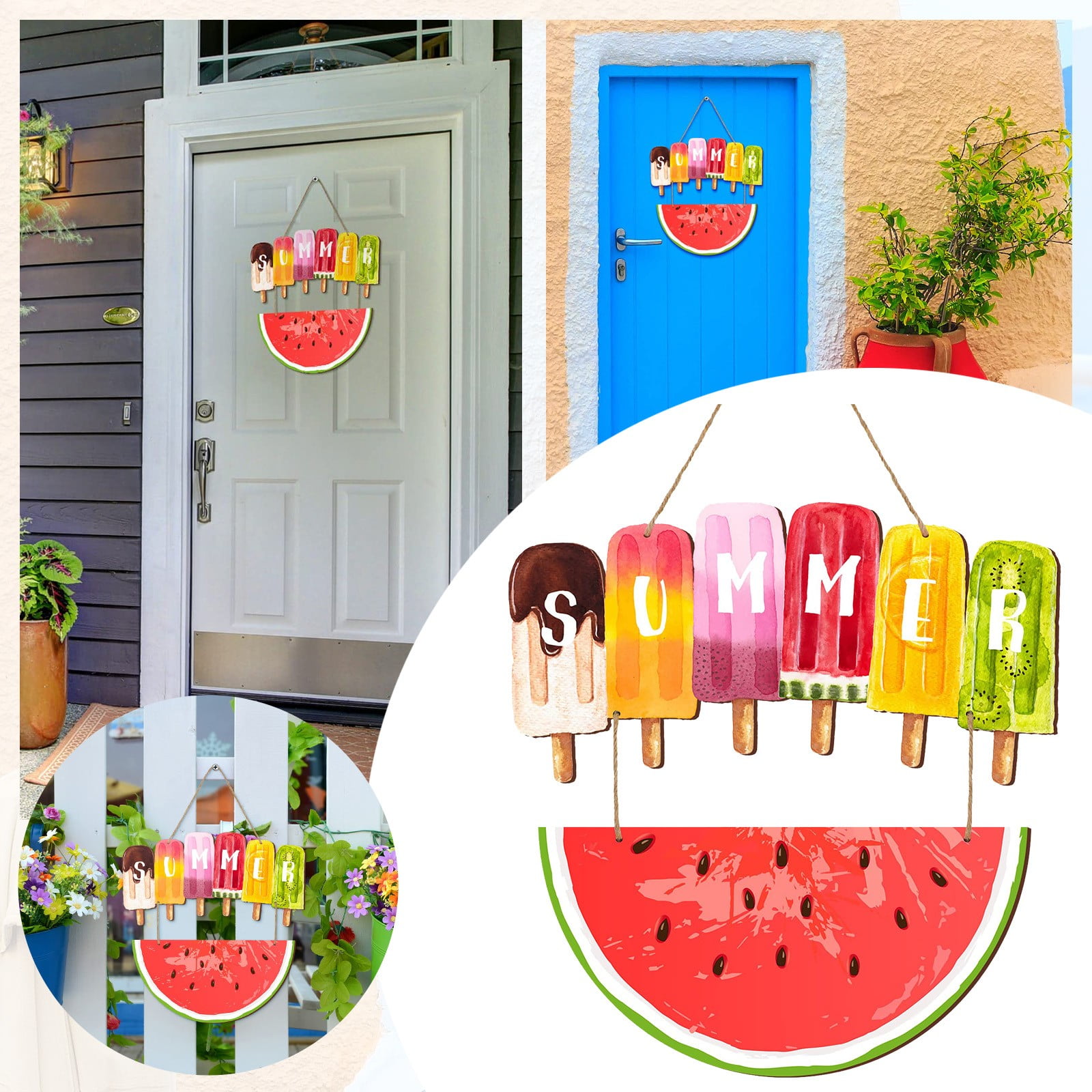 Watermelon Door Sign Summer Welcome Door Hanger Wood Front Door Wreath ...