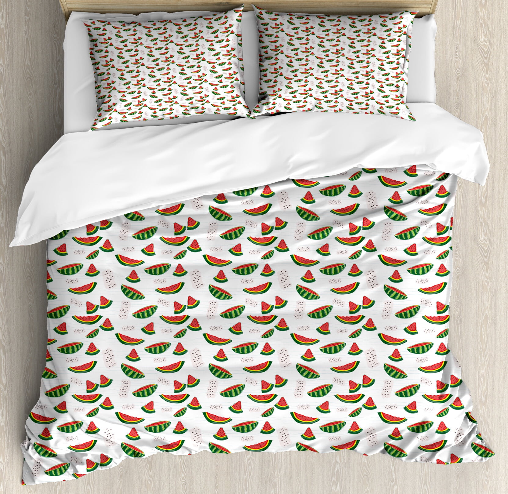 Watermelon Duvet Cover Set, Hand Drawn Doodles of Juicy Fruit Slices, Decorative 3 Piece Bedding ...