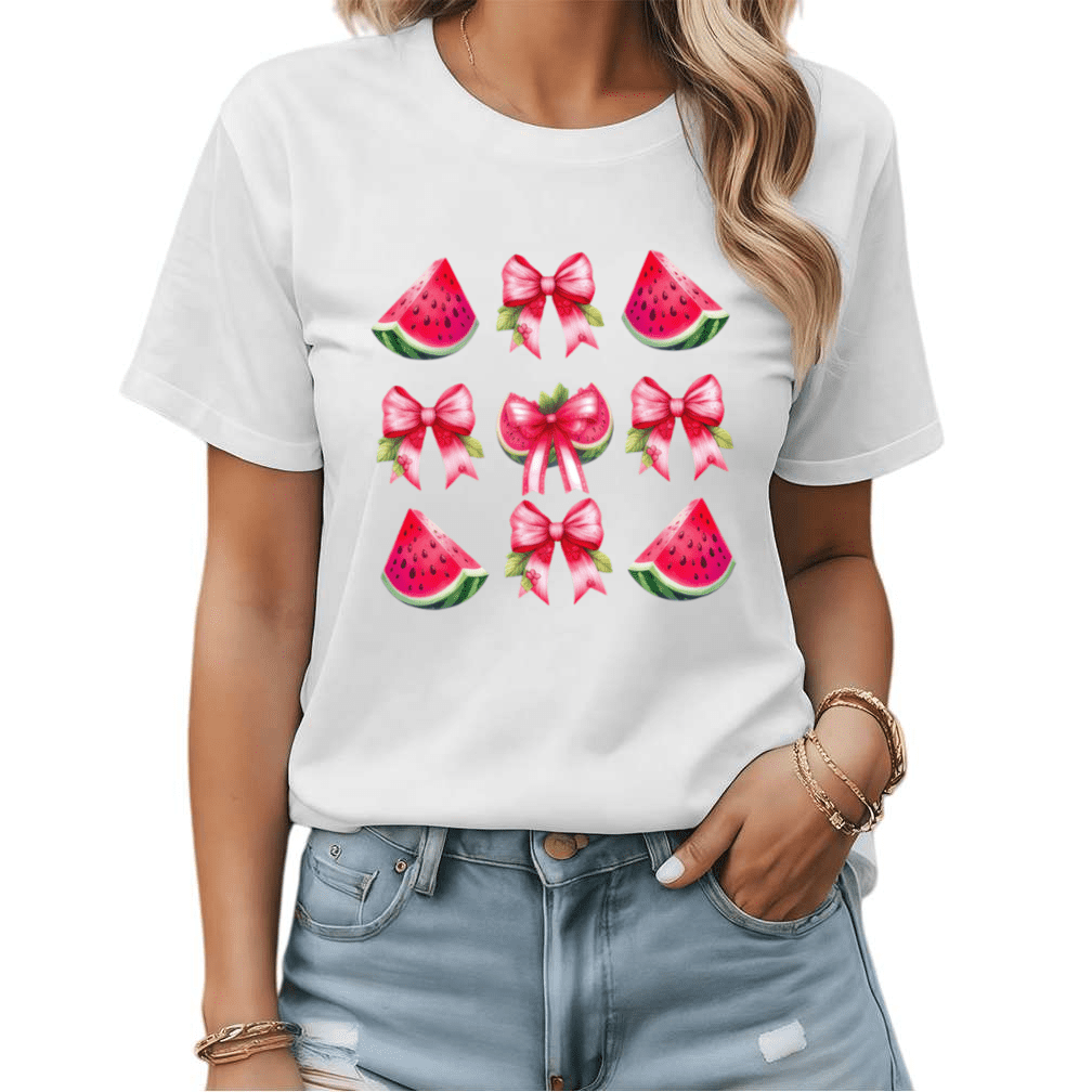 Watermelon & Pink Bow Coquette Graphic Tees Womans T-shirt Black/White ...