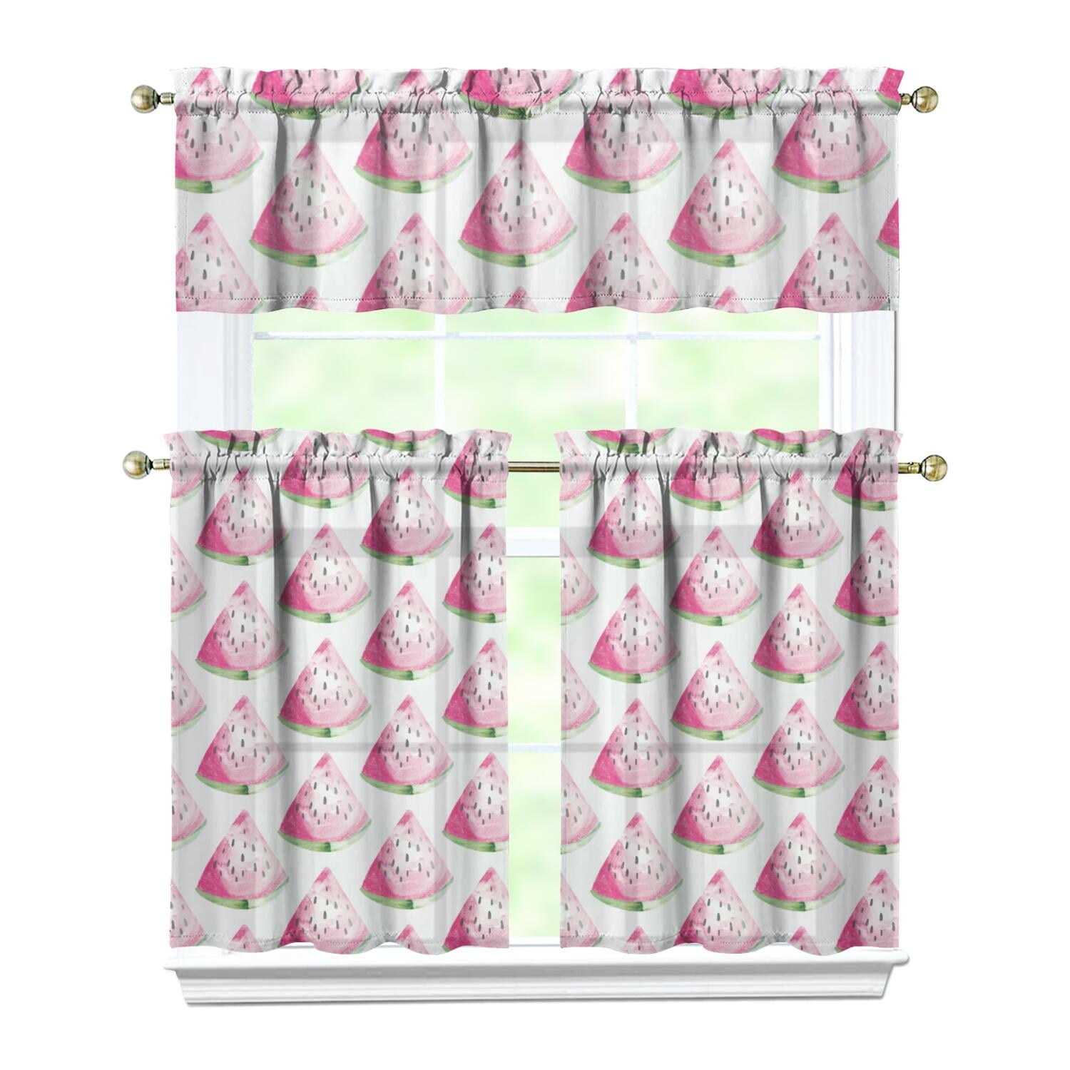 Watermelon Print Short Curtains for Kitchen Windows - 3 Piece Caf Set ...