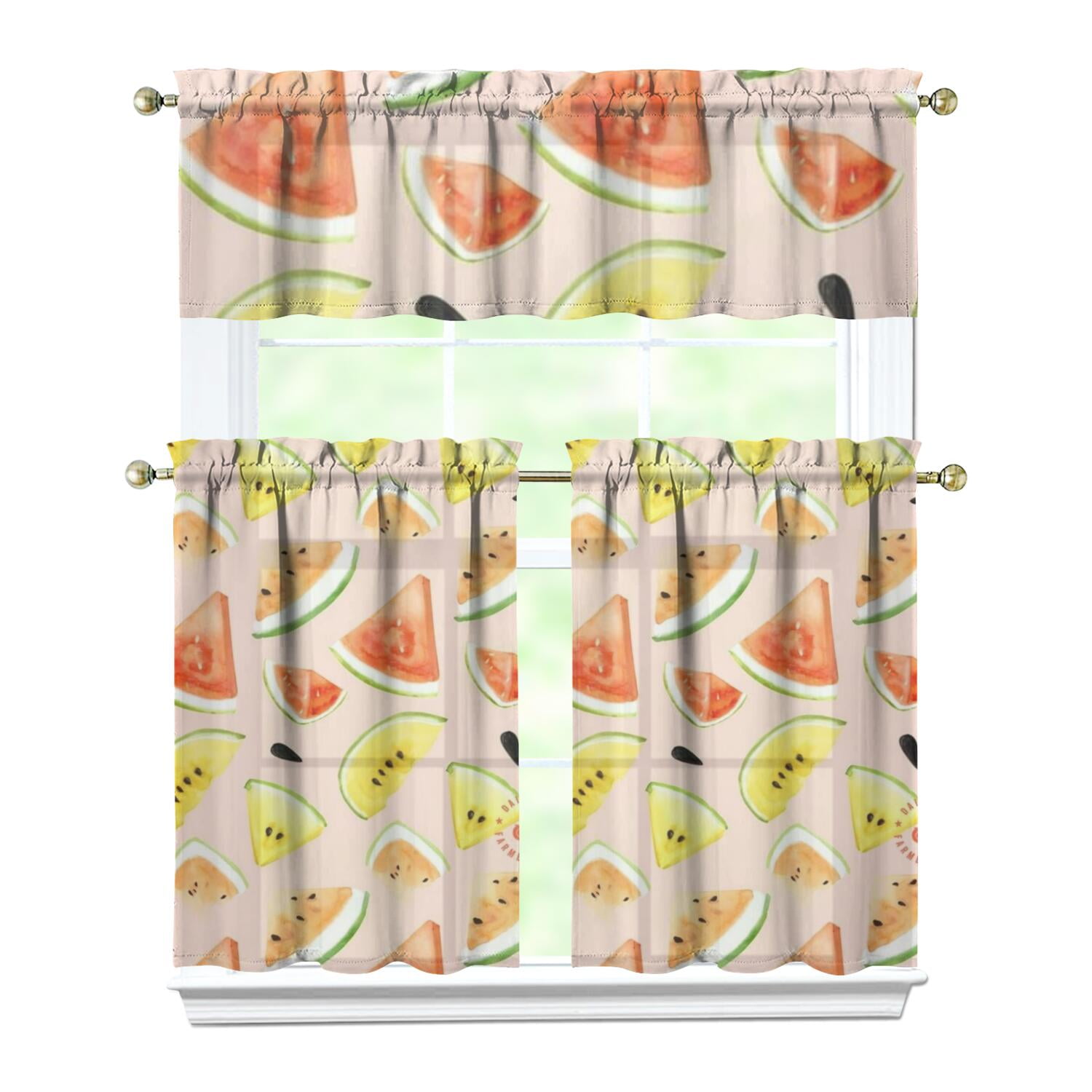 Watermelon Print Short Curtains for Kitchen Windows - 3 Piece Caf Set ...