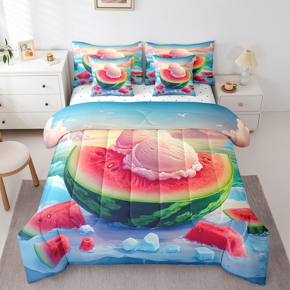 Watermelon Queen Bedding Set 7 Pieces Winter Snow Watermelon Theme Comforter,Cartoon Ice Cream ...