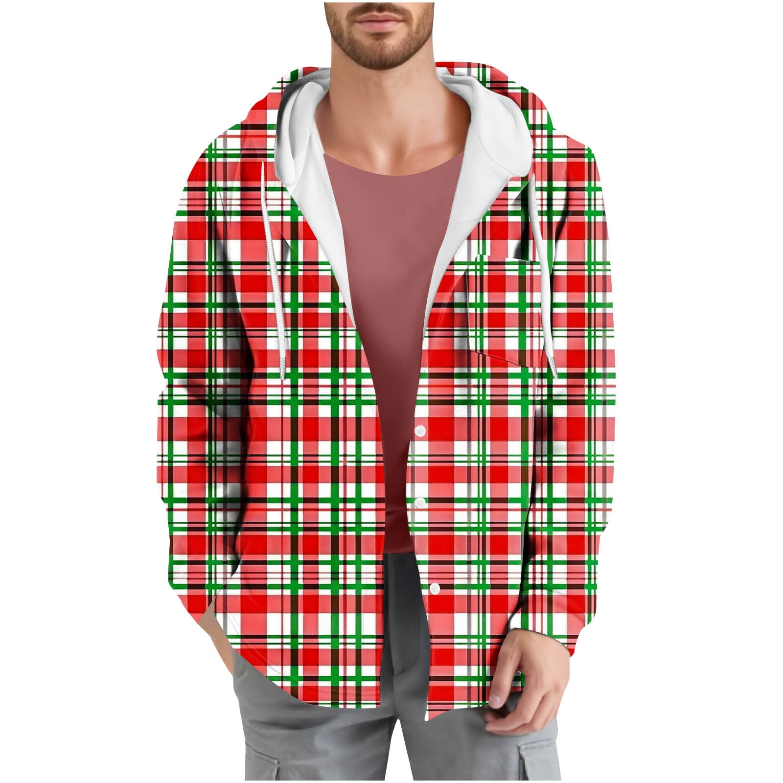Watermelon Red Mens Casual Button Jacket Hood Shacket Outfits for Man ...