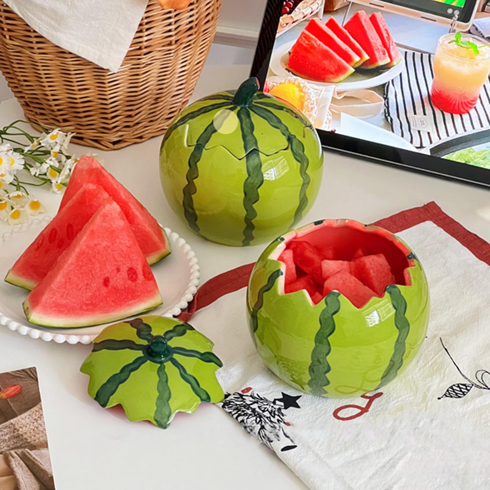 Watermelon Shaped Ceramic Bowl, Lid Dessert Fruit Serving Container ...
