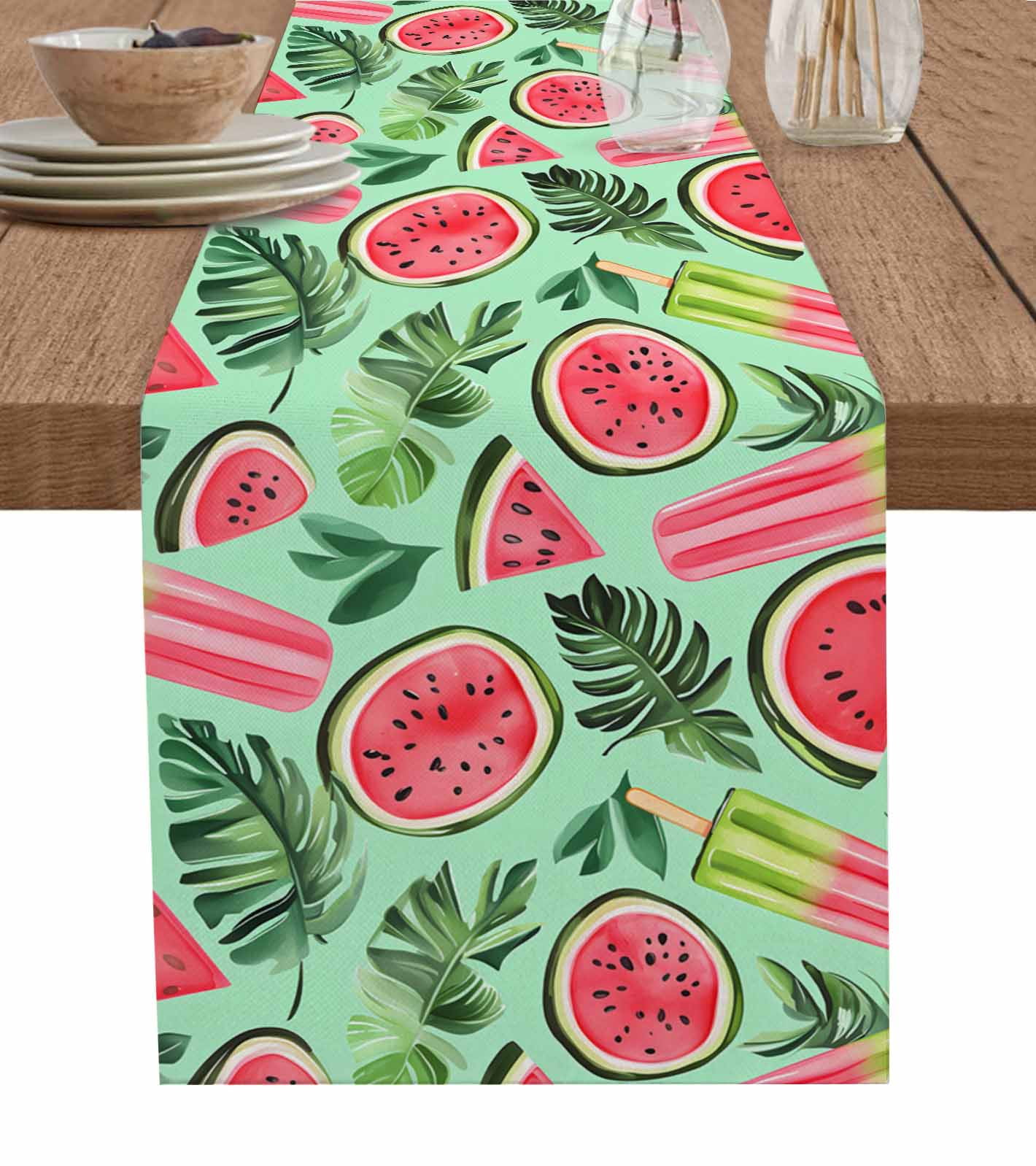 Watermelon Table Runner 120 Inches, Green Palm Leaves Popsicle Summer ...