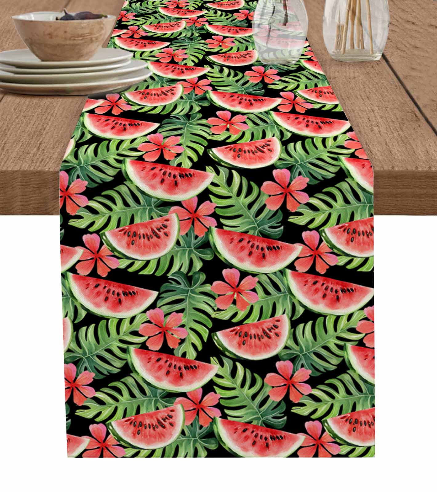 Watermelon Table Runner 120 Inches, Summer Fruit Green Tropical Palm Leaf Flower Bed Runner ...
