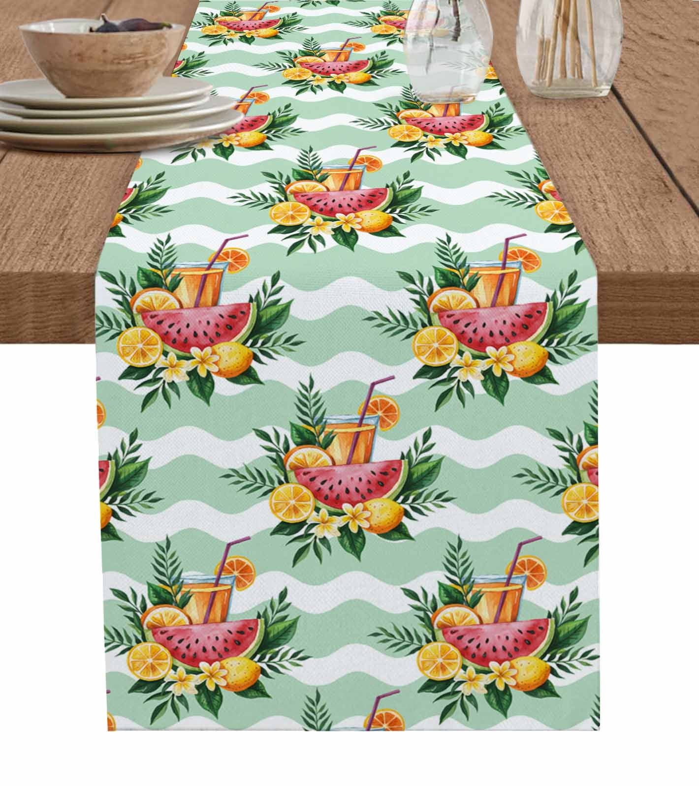 Watermelon Table Runner 36 Inches, Stripe Lemon Tea Green Palm Leaf Tropical Bed Runner Dresser ...