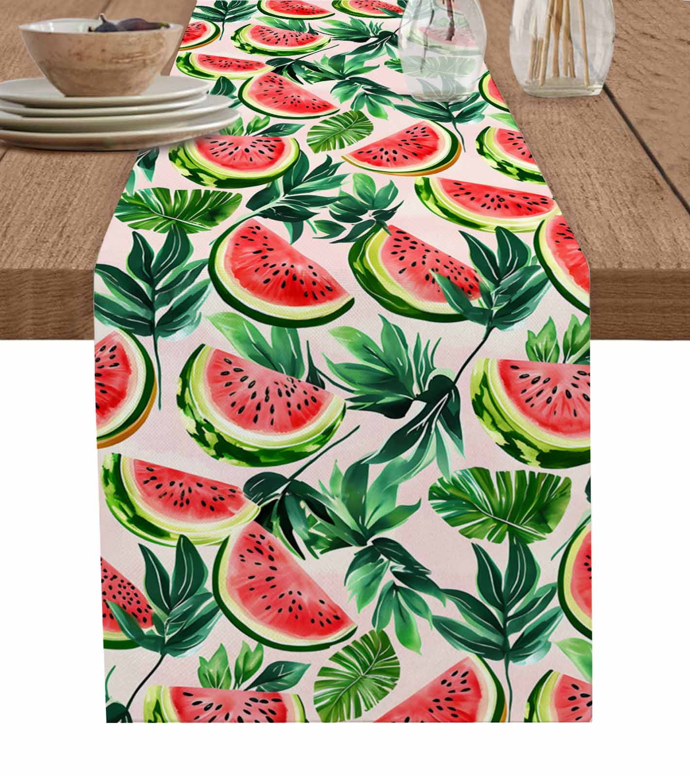 Watermelon Table Runner 60 Inches, Red Fruit Summer Cartoon Tropical Leaf Bed Runner Dresser ...