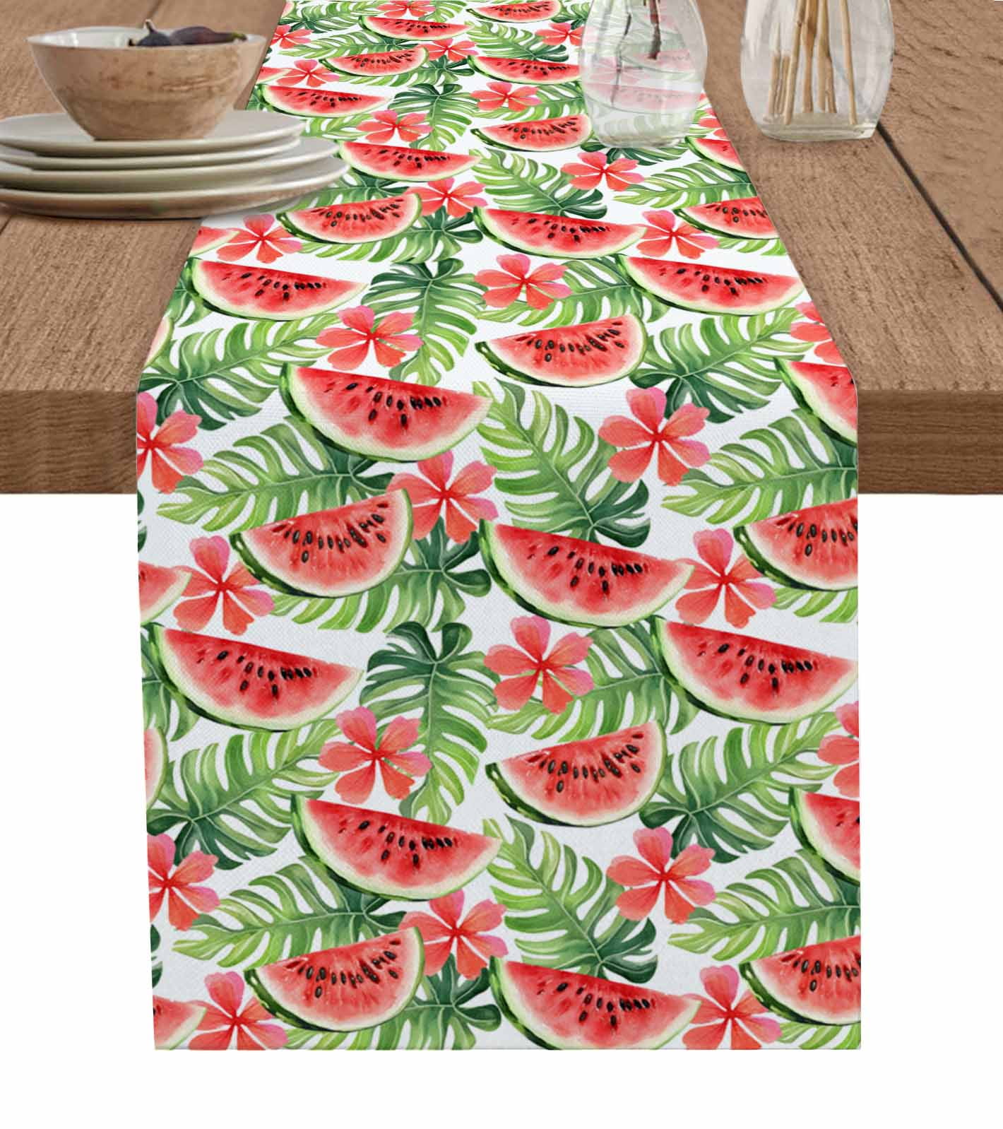 Watermelon Table Runner 60 Inches, Summer Fruit Flowers Leaf Tropical Plant Bed Runner Dresser ...