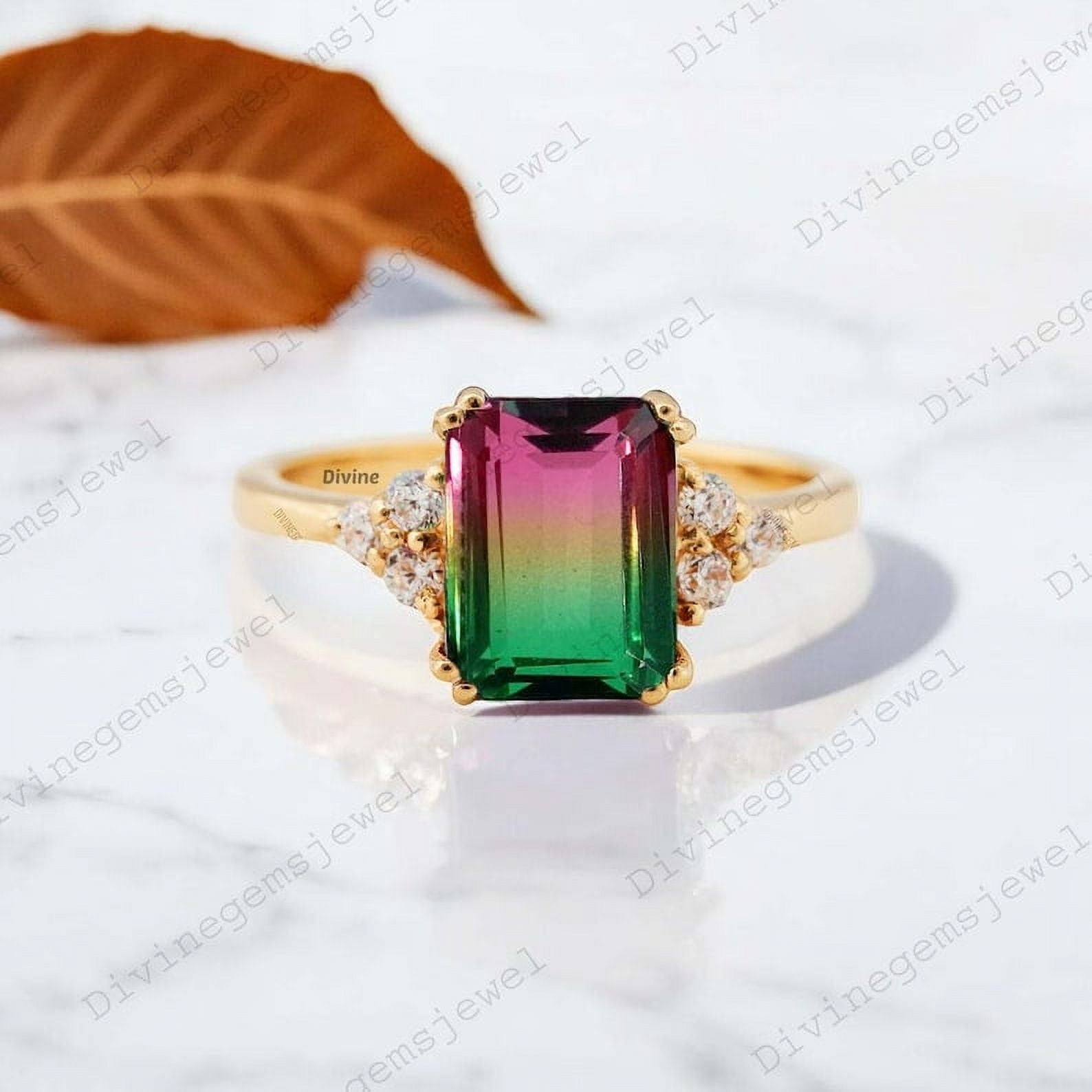 Watermelon Tourmaline Engagement Ring Emerald Cut Gemstone Ring Cluster ...