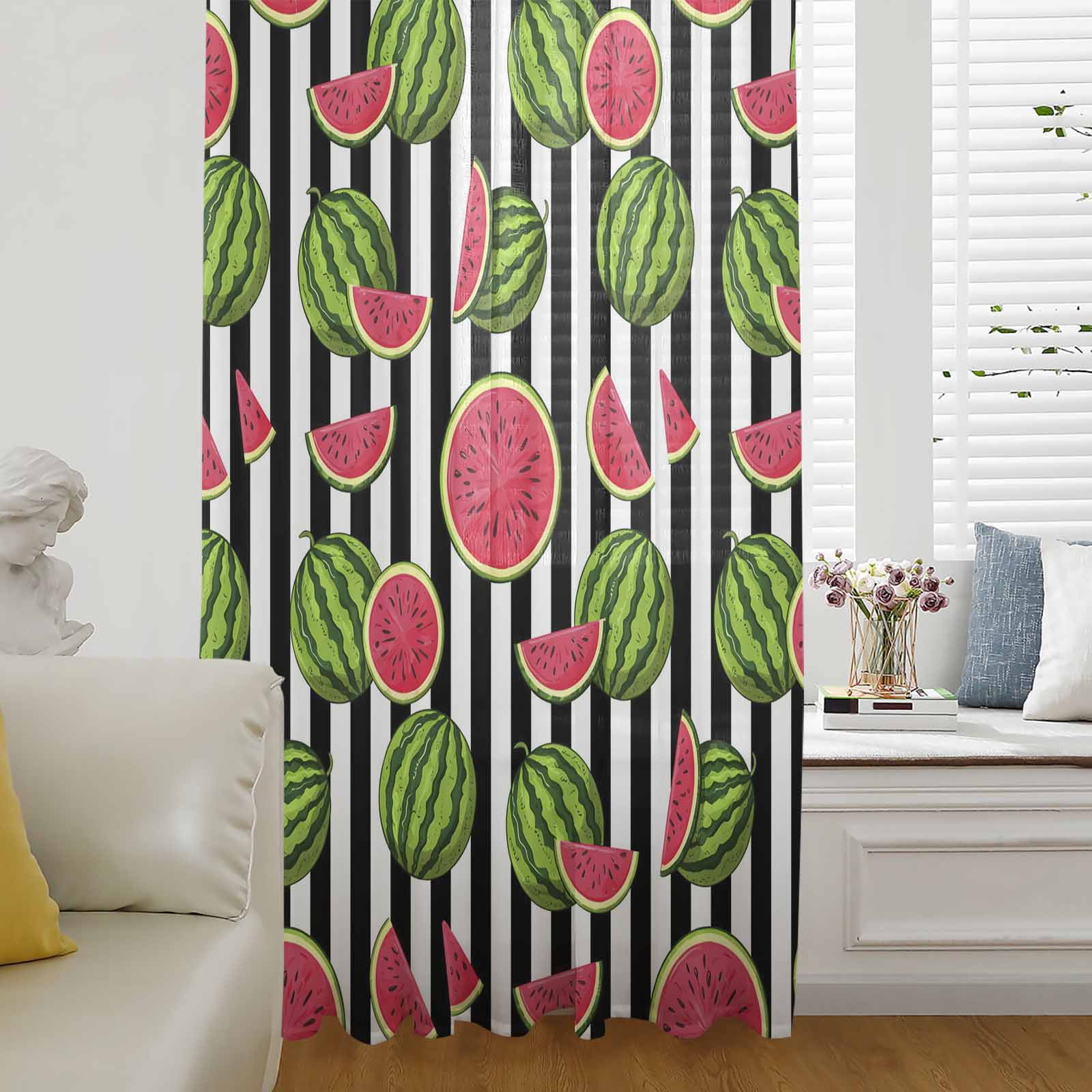 Watermelon Window Curtain 63 Inches Long, Black White Stripes Country ...