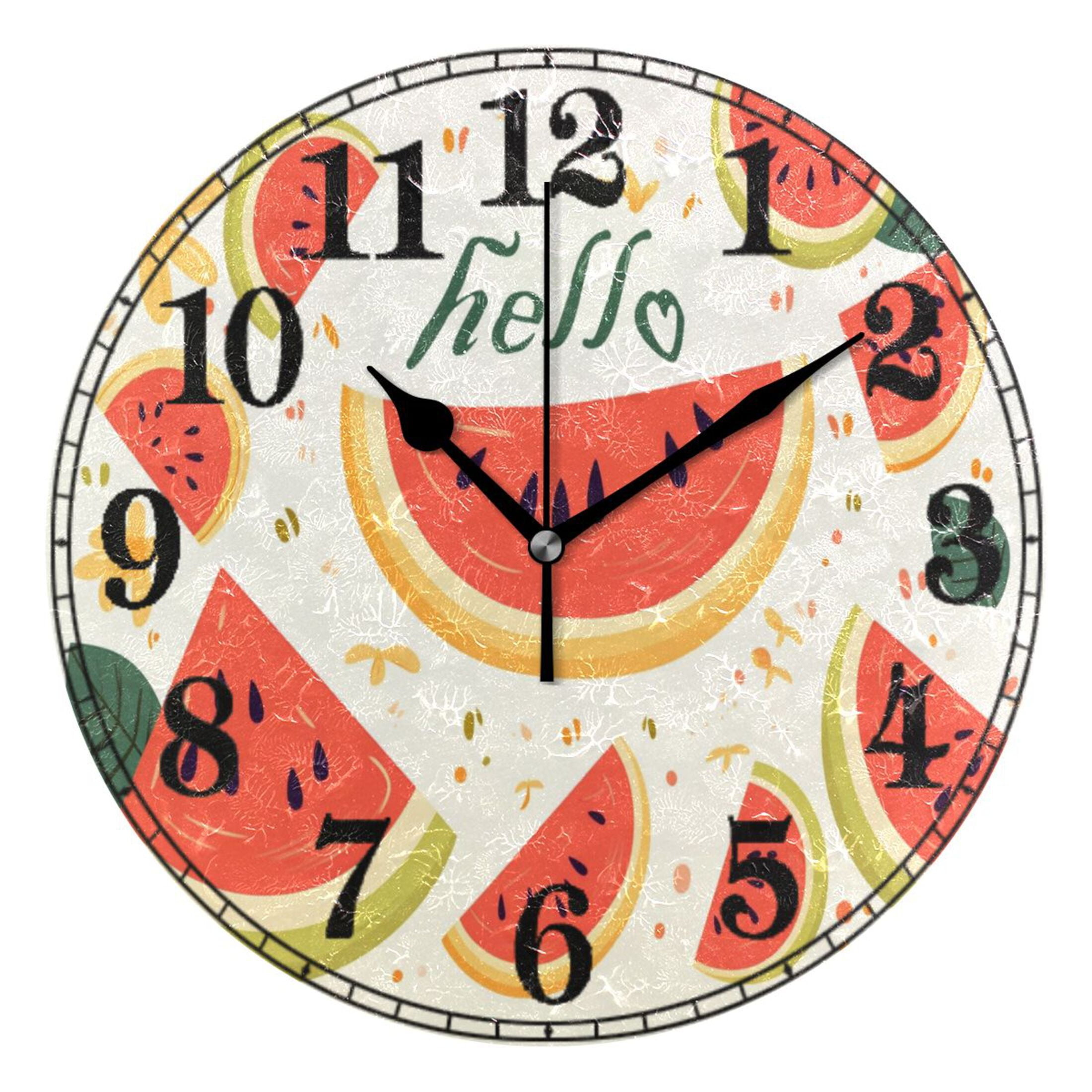 Watermelon with Hello Silent Wall Clock 10" Non-Ticking Battery Clock ...