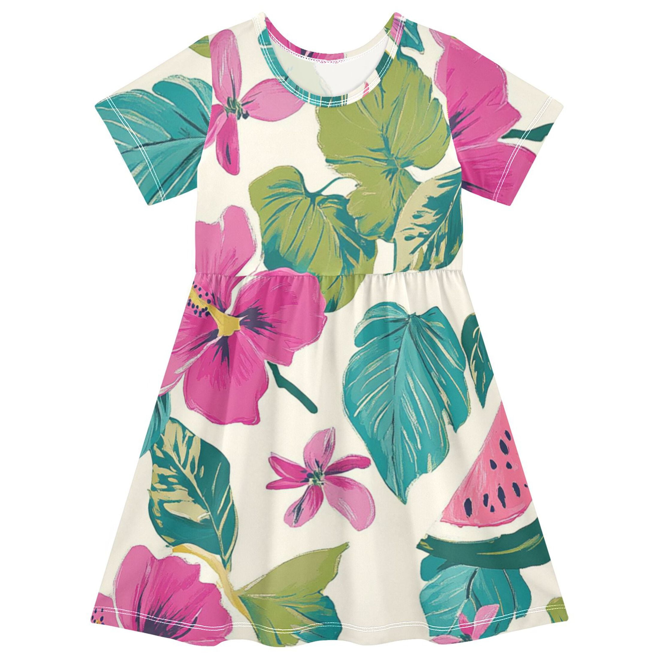 Watermelons Hibiscus Flowers Leaves Vintage Girls' Short Sleeve Dress A-Line One-Piece Dress UPF ...