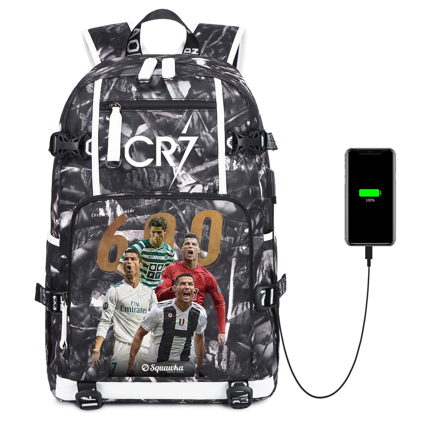 Waterproof Backpack Laptop Space Cristiano Ronaldo Printed USB Port ...