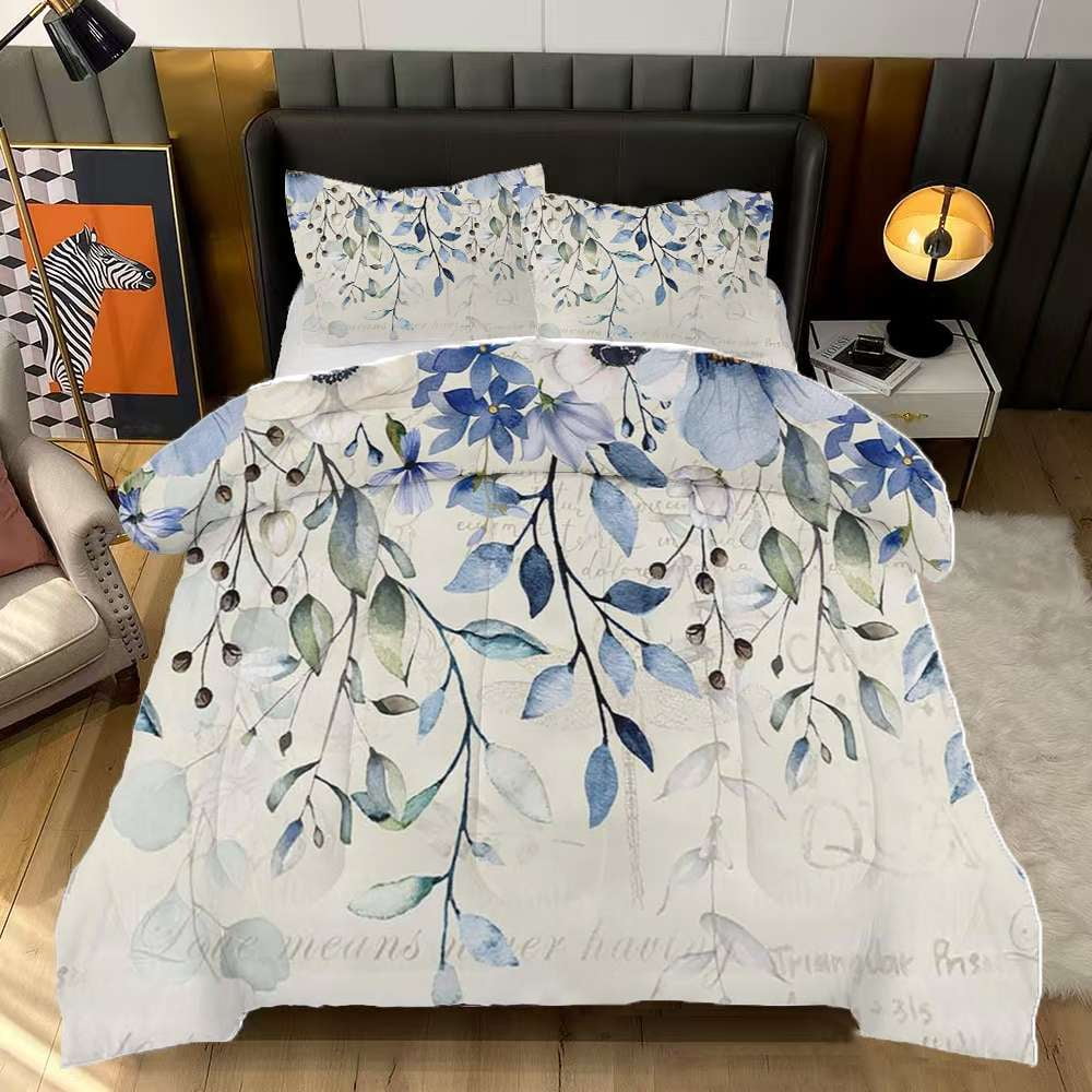 Waterproof Blue Flowers Comforter Set Full Size Bedding Set For Travl ...
