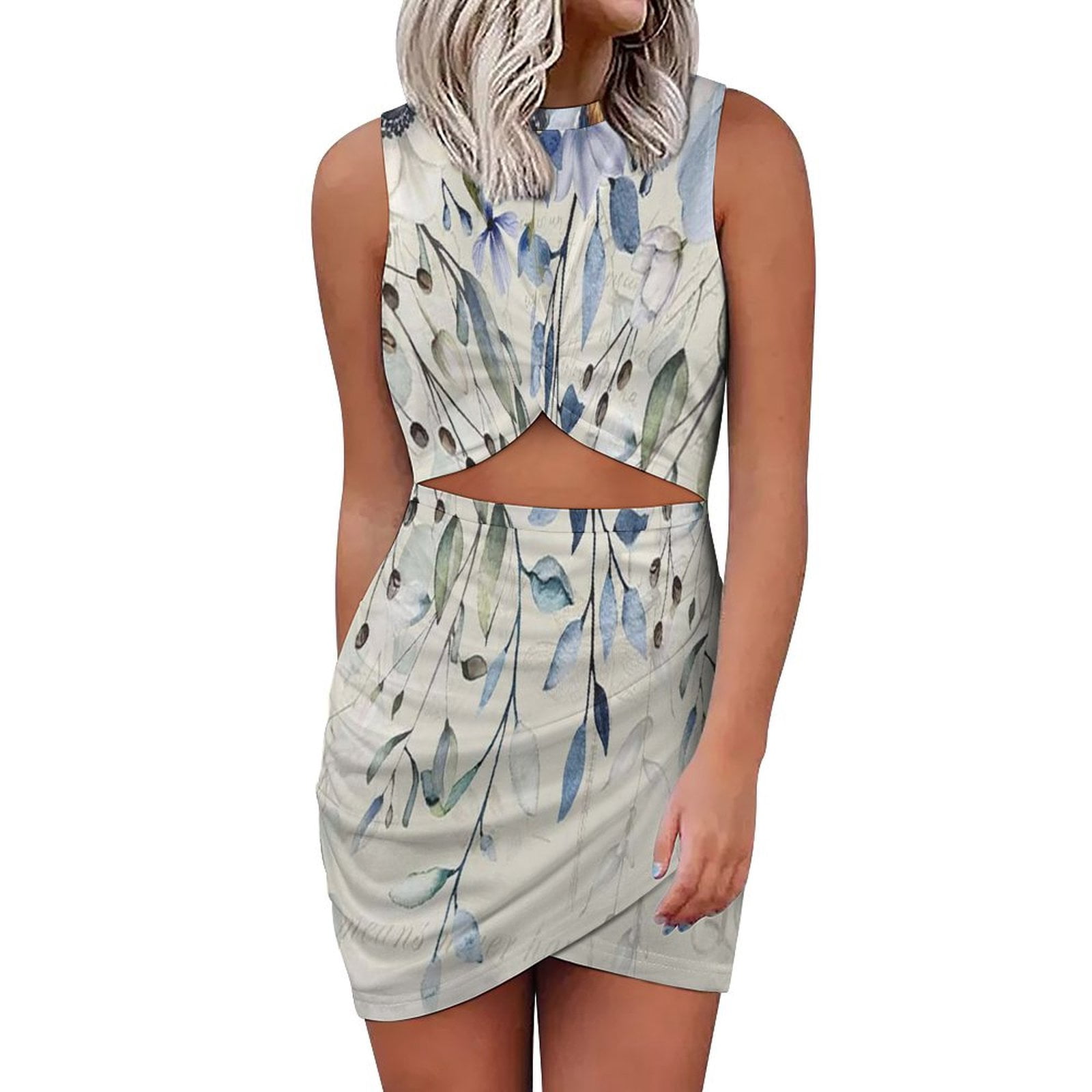 Waterproof Blue Flowers Women's Crossover Slim Hip Dress Summer ...