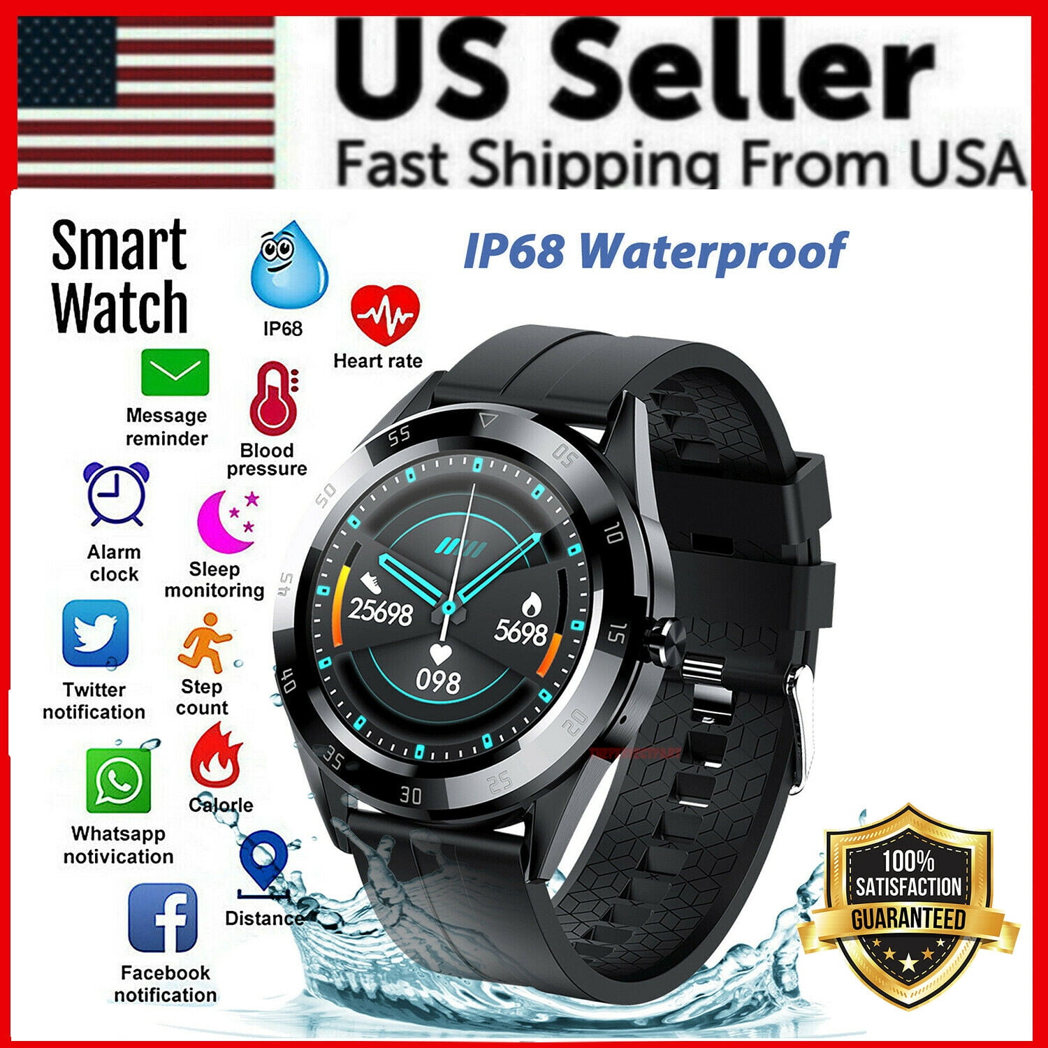 Waterproof Bluetooth Smart Watch Phone Mate Heart Rate Tracker For iOS ...