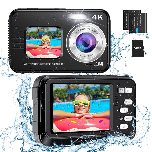 Waterproof Camera w/ 64G Card Dual Screens, 4K 48MP 11FT Underwater ...