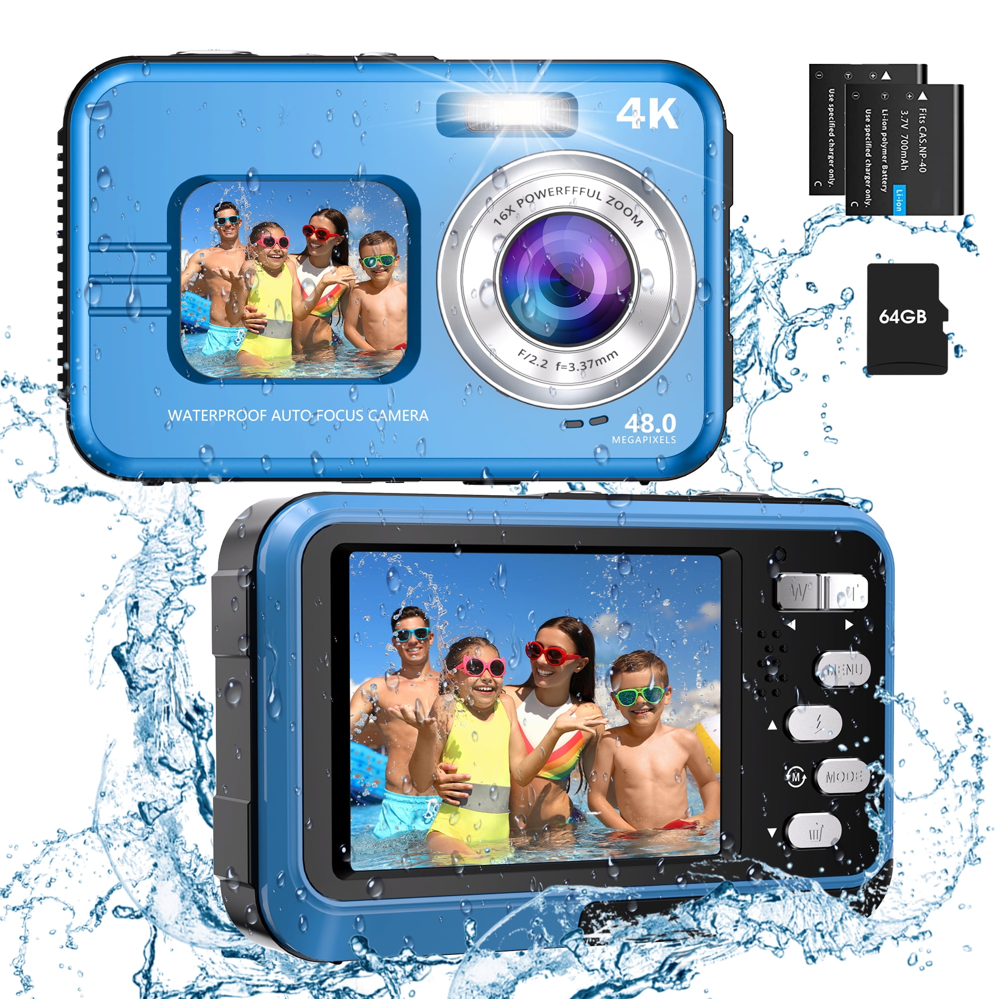 Waterproof 4K 48MP Underwater Camera with Dual Screens, 16X Zoom, 64G ...