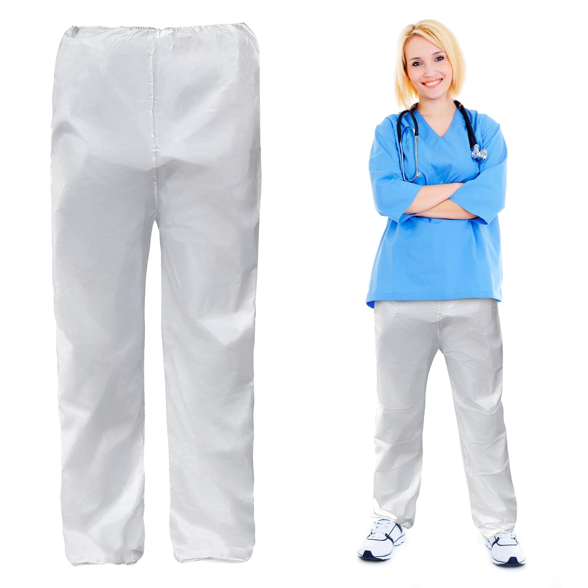 White Disposable Scrub Pants, Microporous Polypropylene, 10 Count ...