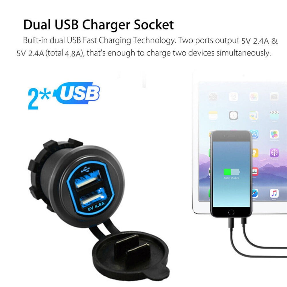 Waterproof Dual Ports 4.8A USB Car Charger Blue Quick LED with Wire ...