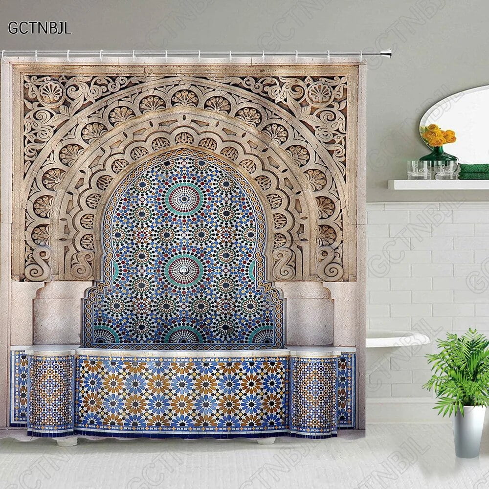 Waterproof Fabric Shower Curtain Arabic Arch Morocco Antique Doors ...
