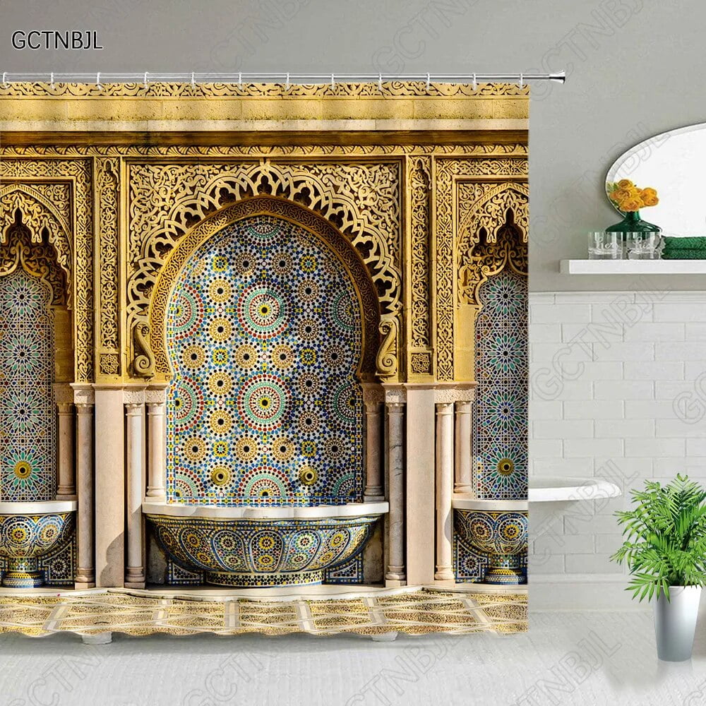 Waterproof Fabric Shower Curtain Arabic Arch Morocco Antique Doors ...