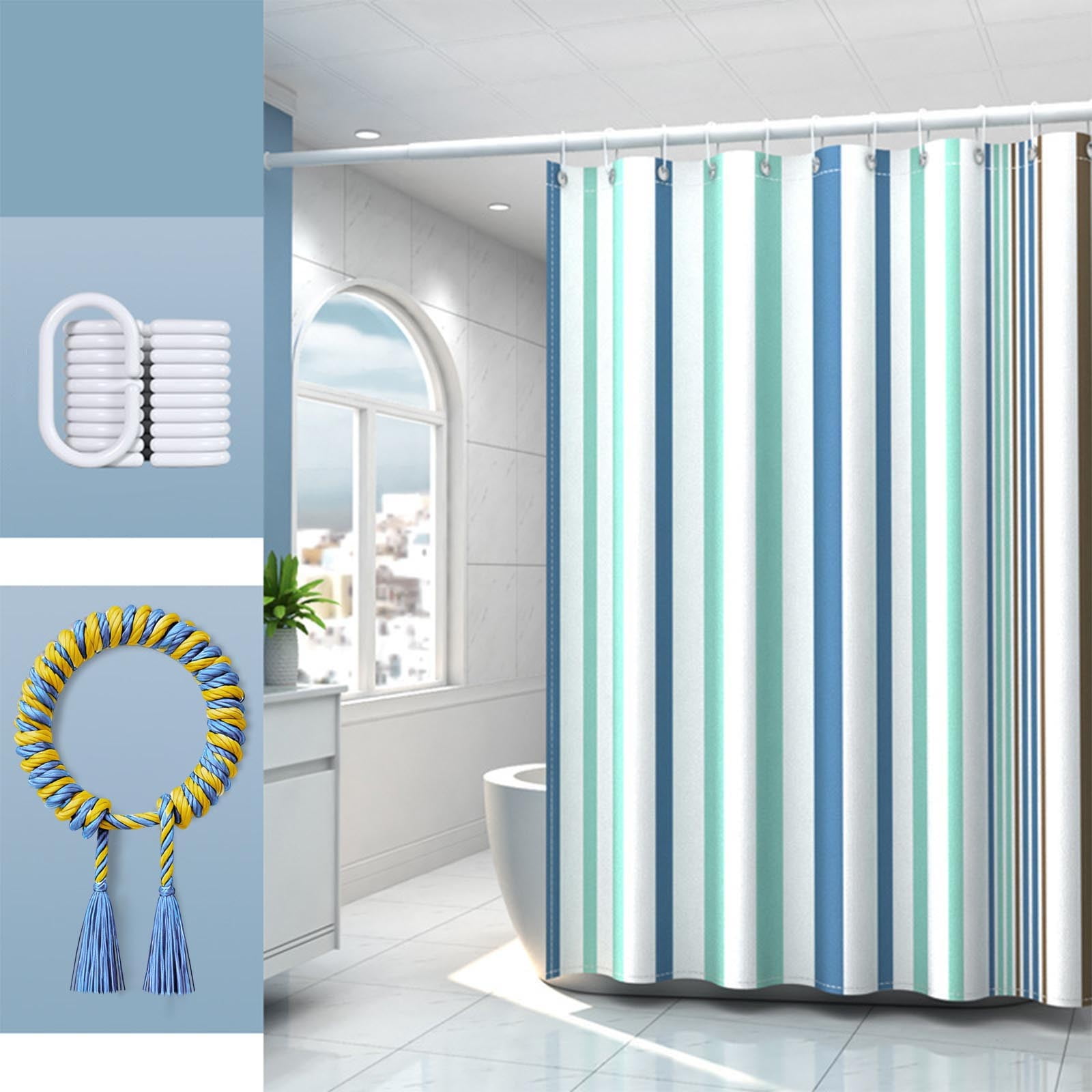 Waterproof Fabric Shower Curtain and Liner Set | Blue Floral Pattern ...