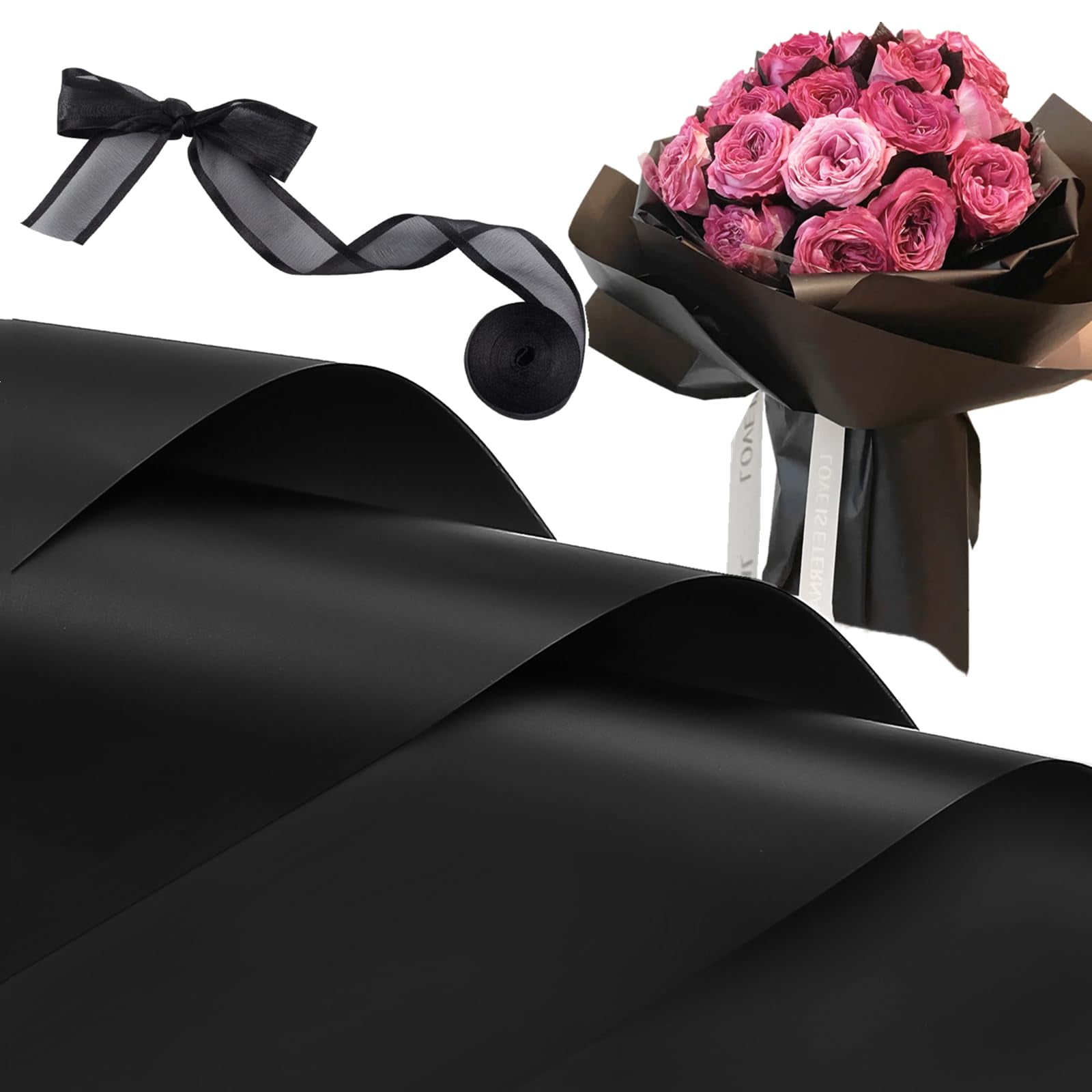 Black Flower Wrapping Paper, 20 Sheets Waterproof Floral Wrap, 22.8x22 ...