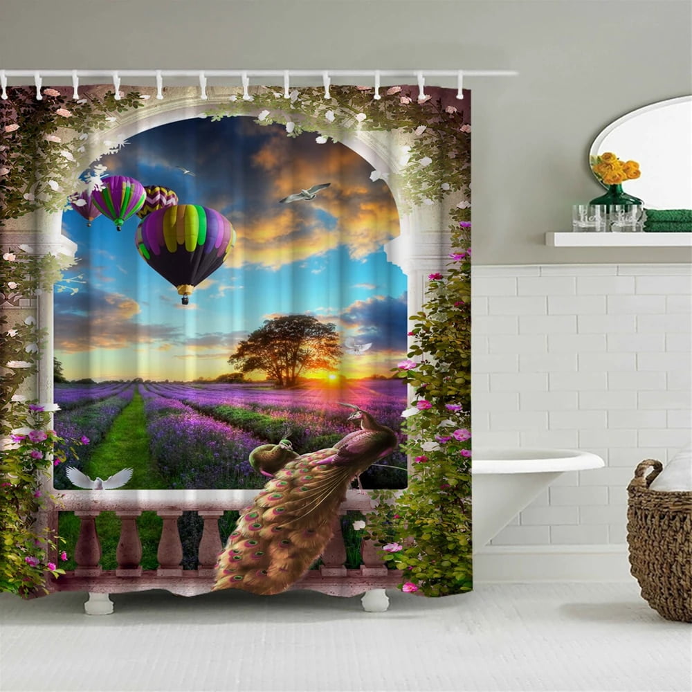 Waterproof Flowers Grass Plant Rock Wall Shower Curtain For Bathroom ...