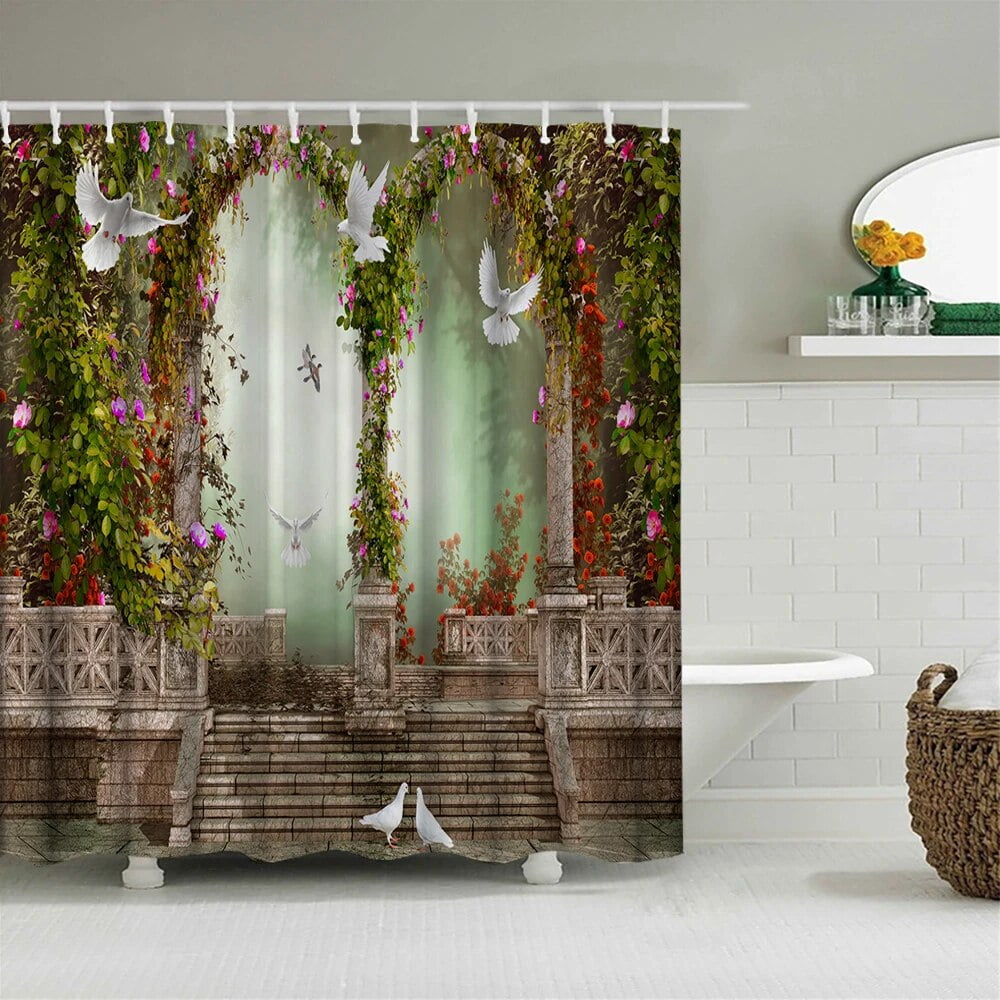 Waterproof Flowers Grass Plant Rock Wall Shower Curtain For Bathroom ...