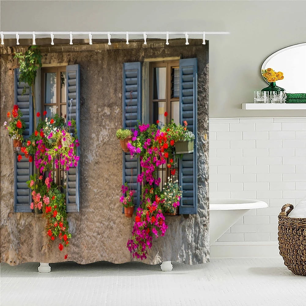 Waterproof Flowers Grass Plant Rock Wall Shower Curtain For Bathroom ...