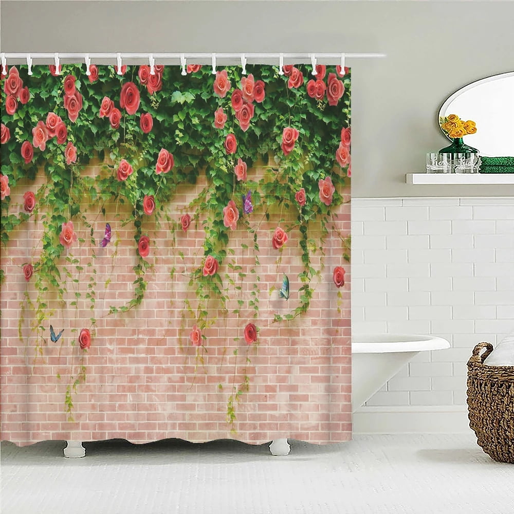 Waterproof Flowers Grass Plant Rock Wall Shower Curtain For Bathroom ...