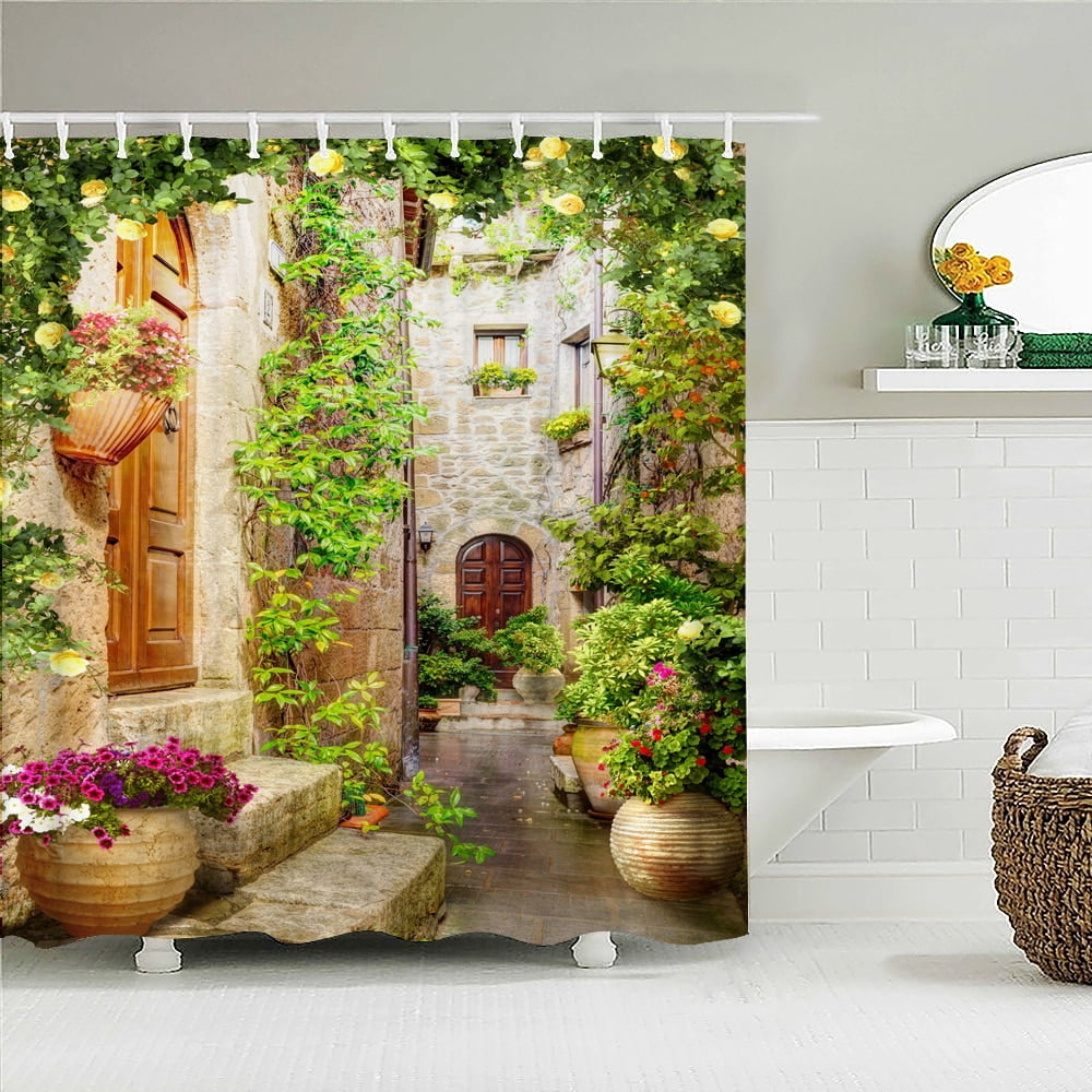 Waterproof Flowers Grass Plant Rock Wall Shower Curtain For Bathroom ...