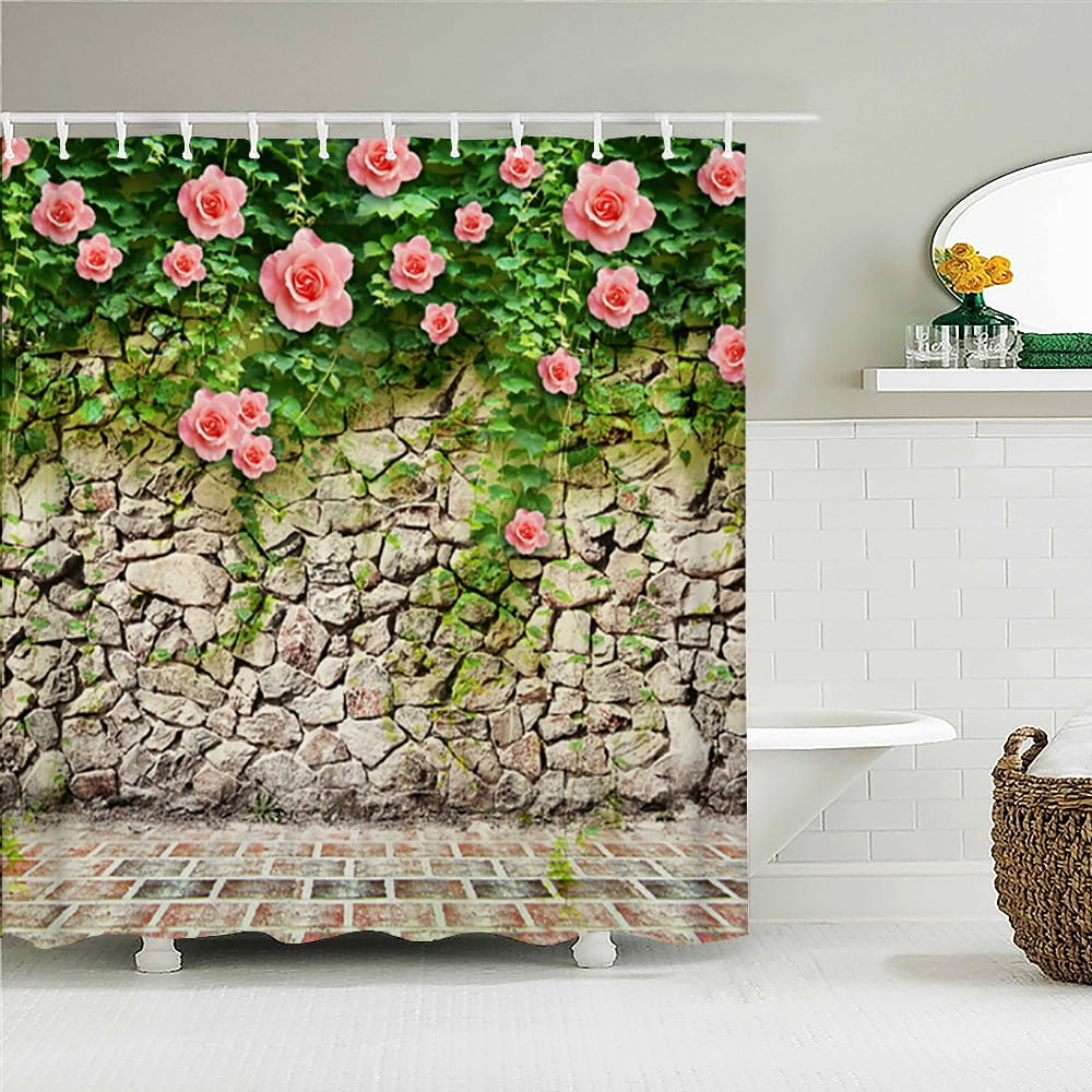 Waterproof Flowers Grass Plant Rock Wall Shower Curtain For Bathroom ...