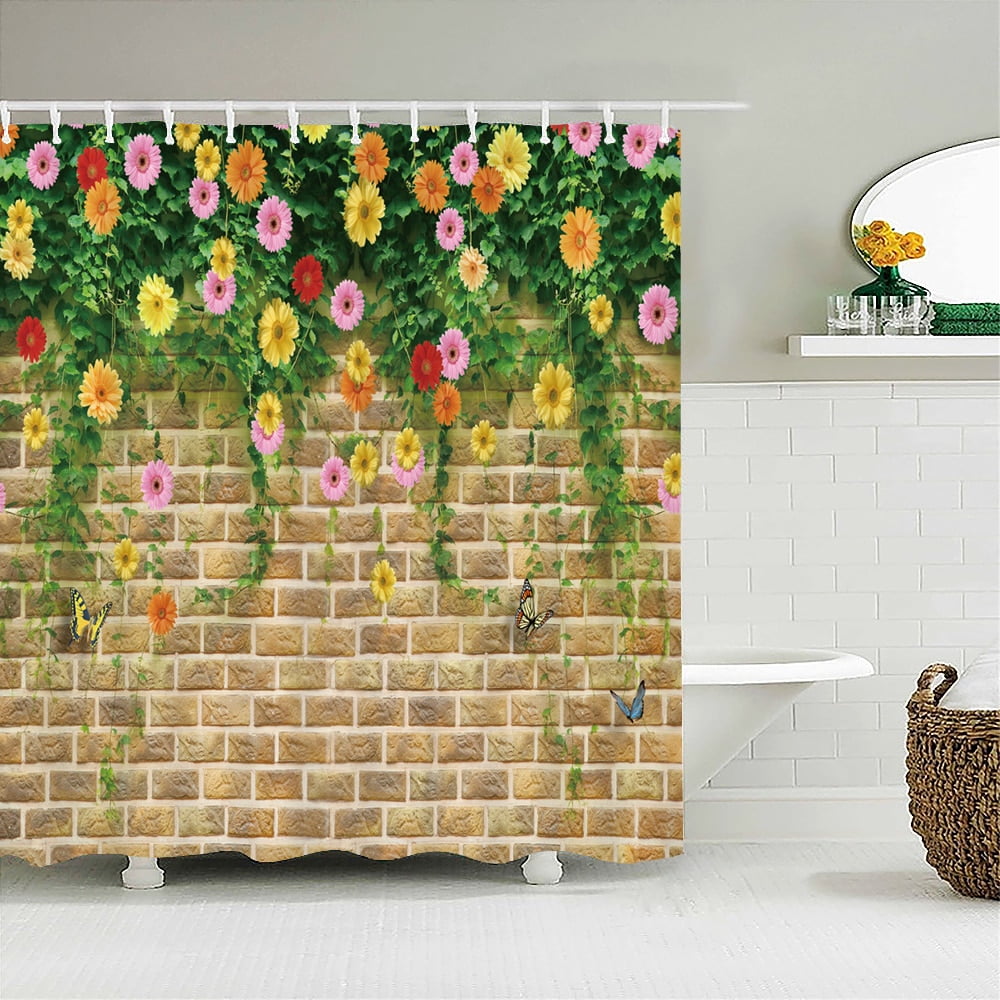 Waterproof Flowers Grass Plant Rock Wall Shower Curtain For Bathroom ...