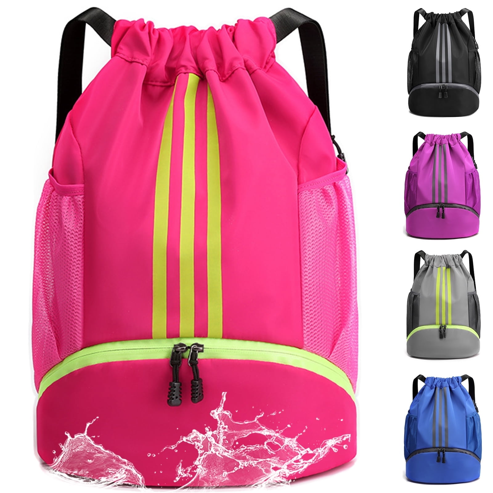 YOUYIKE Waterproof Gym Bag, Pink, Drawstring Backpack with Shoe ...