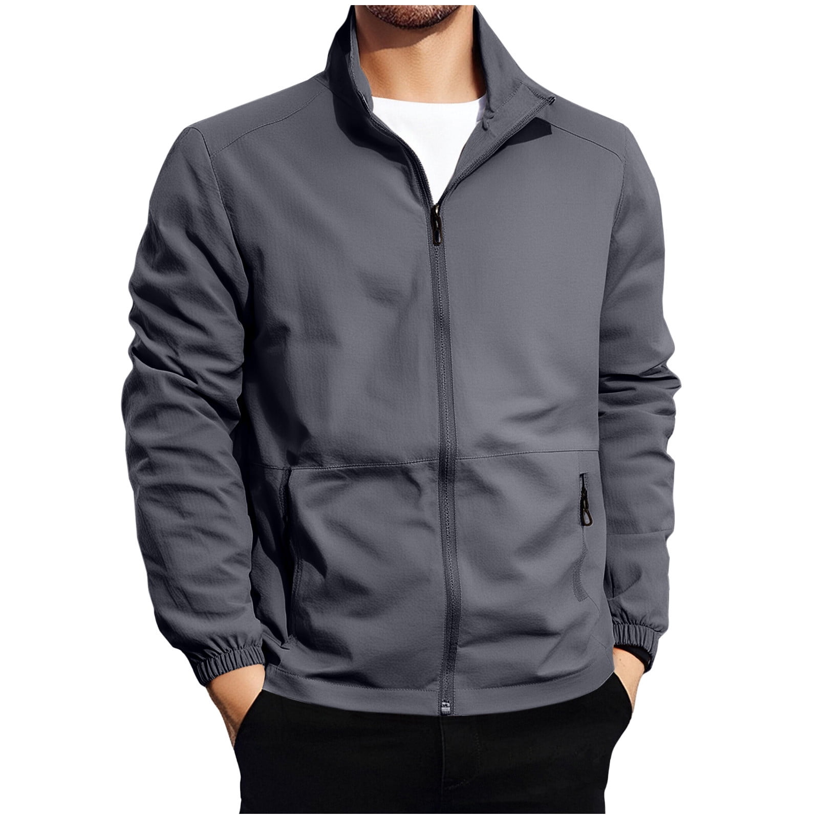 Waterproof Jacket Qiggri Men's Casual Solid Color Long Sleeve Stand-Up ...