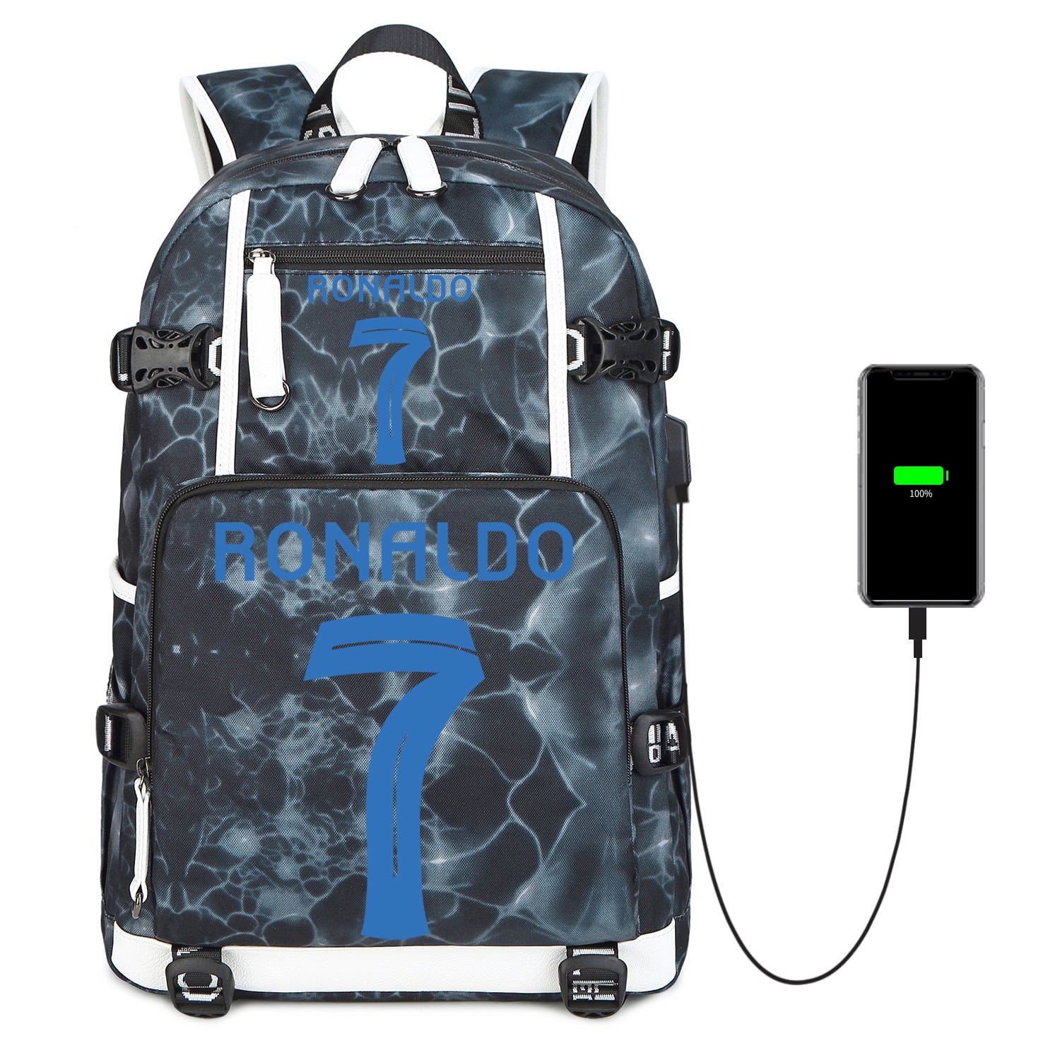 Waterproof Laptop Fit Backpack USB Charging Cristiano Ronaldo Prints ...