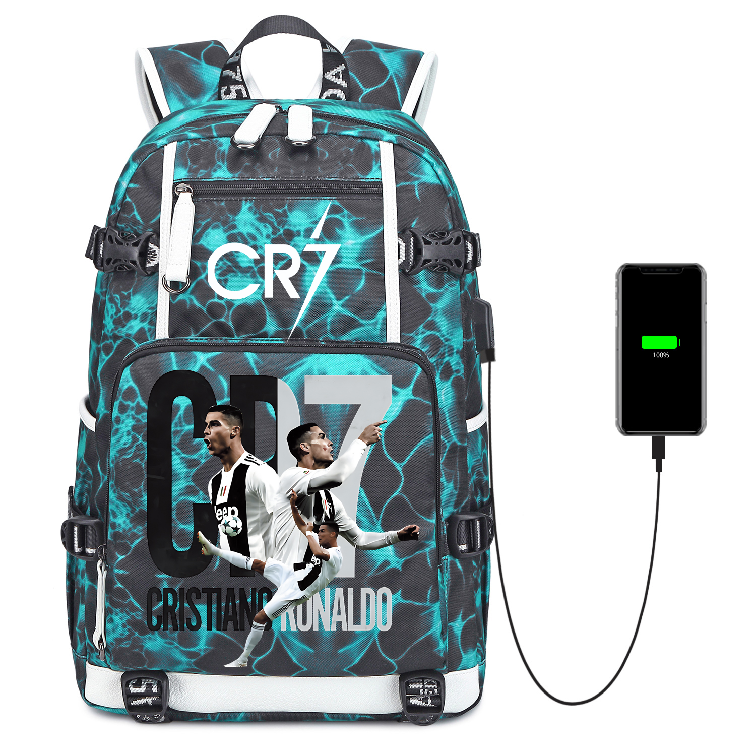 Waterproof Laptop Fit Bag Cristiano Ronaldo Themed USB Port Teens ...