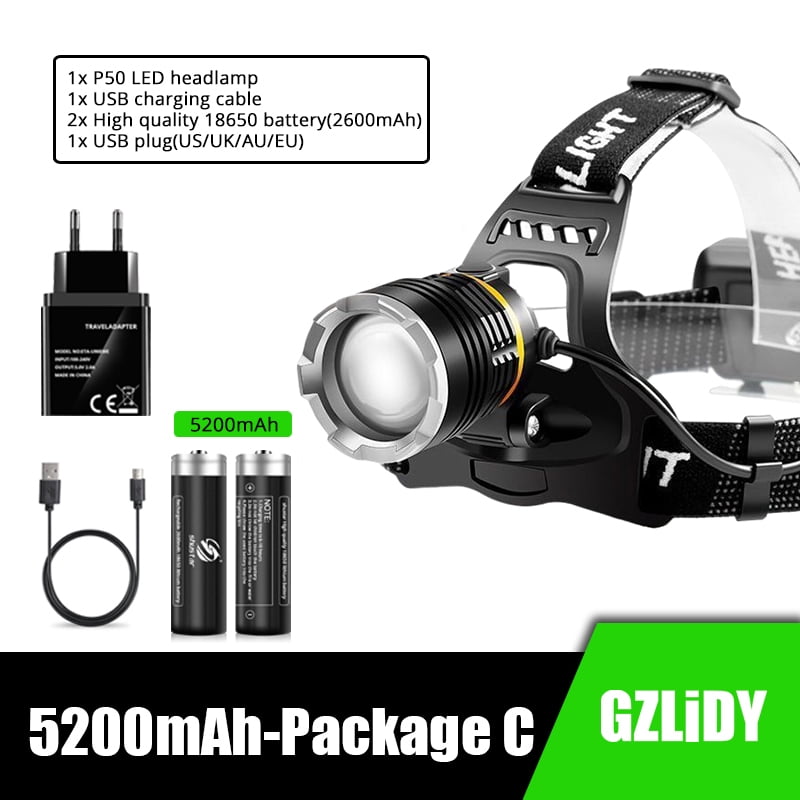 Waterproof Led Headlamp Xhp50, Powered By Usb Rechargeable Battery ...