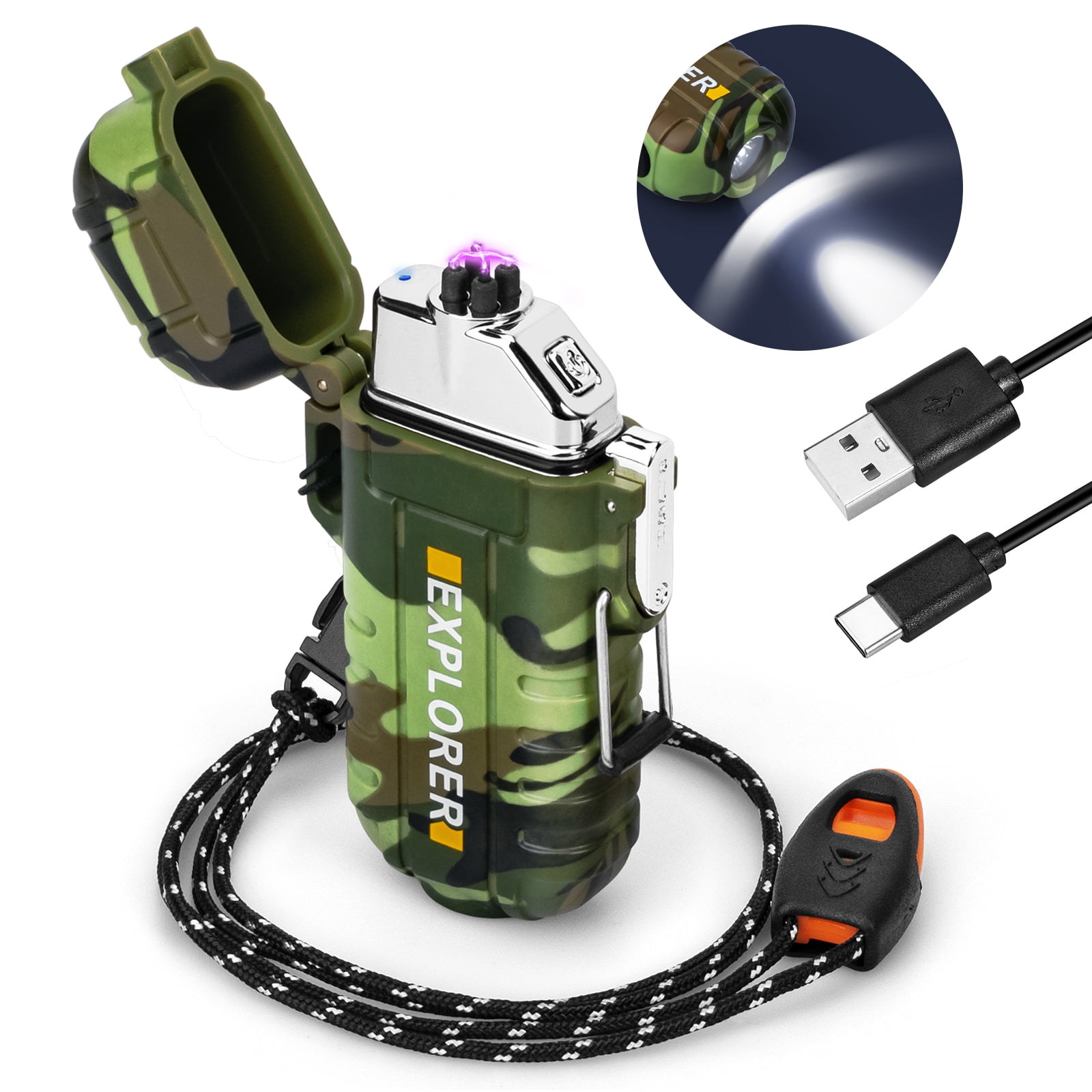 Waterproof & Windproof Outdoor Lighter, Dual Arc, USB Rechargeable, Flameless, Plasma, for ...