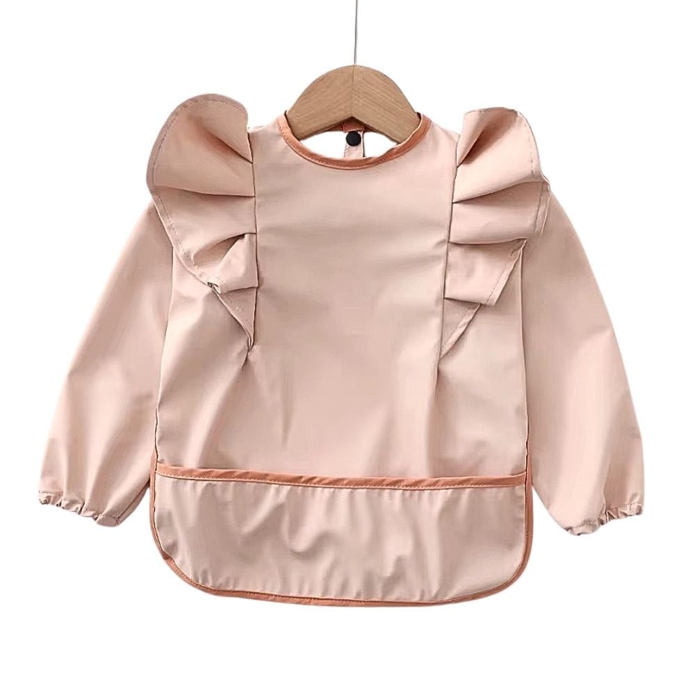 The Cuddly Fig- Waterproof Long Sleeve Ruffle Baby Bib in Solid Pink ...