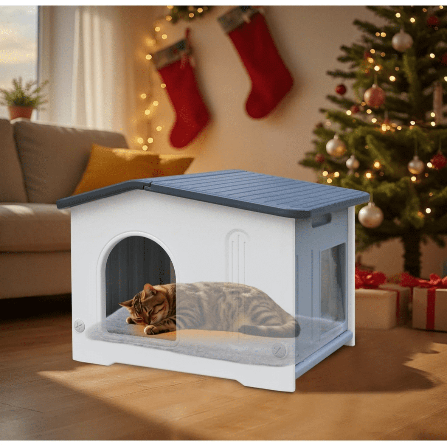Waterproof Outdoor Cat House with Escape Door, Plastic Cat House for ...