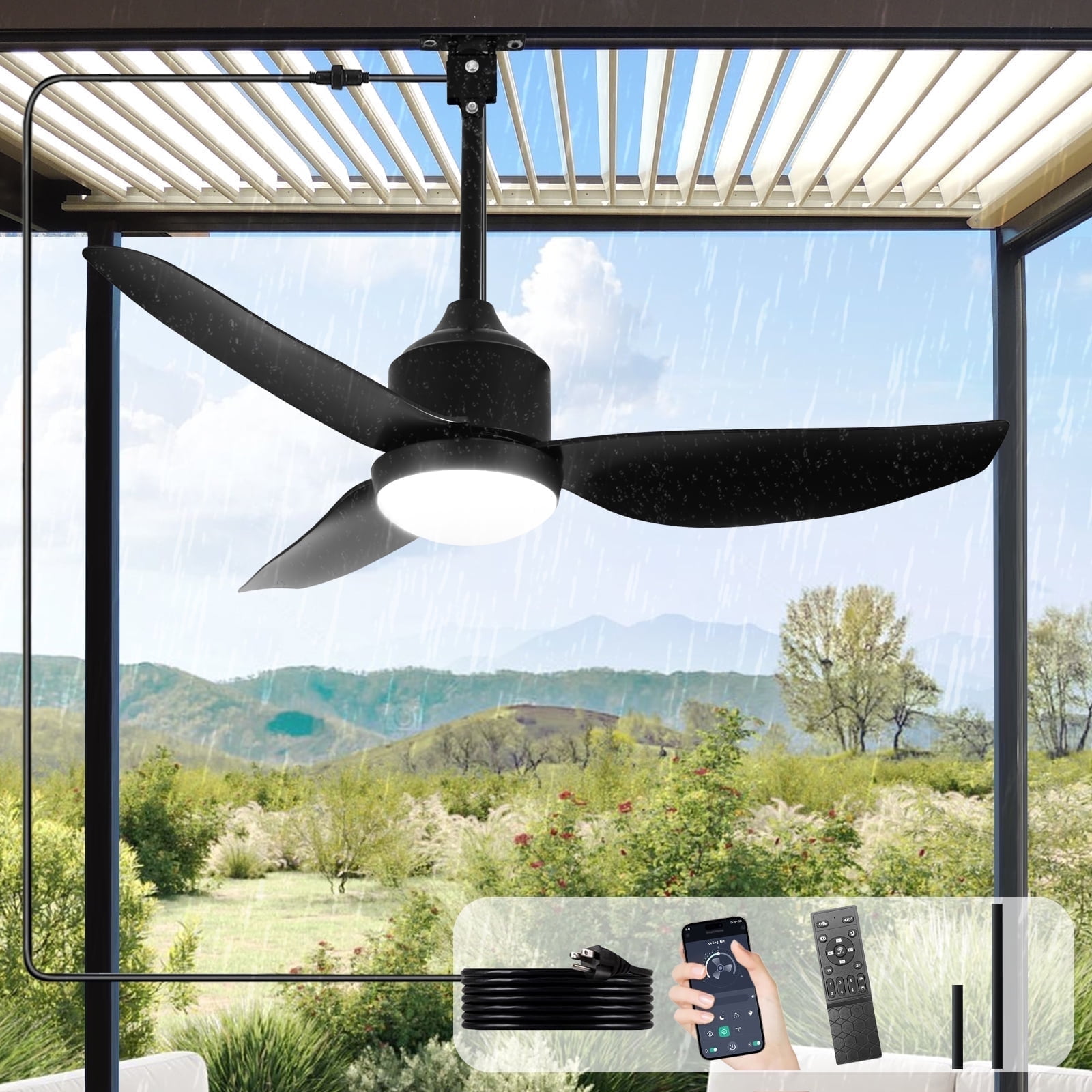 Waterproof Outdoor Ceiling Fan with Light:42" Black Hanging Fan for ...