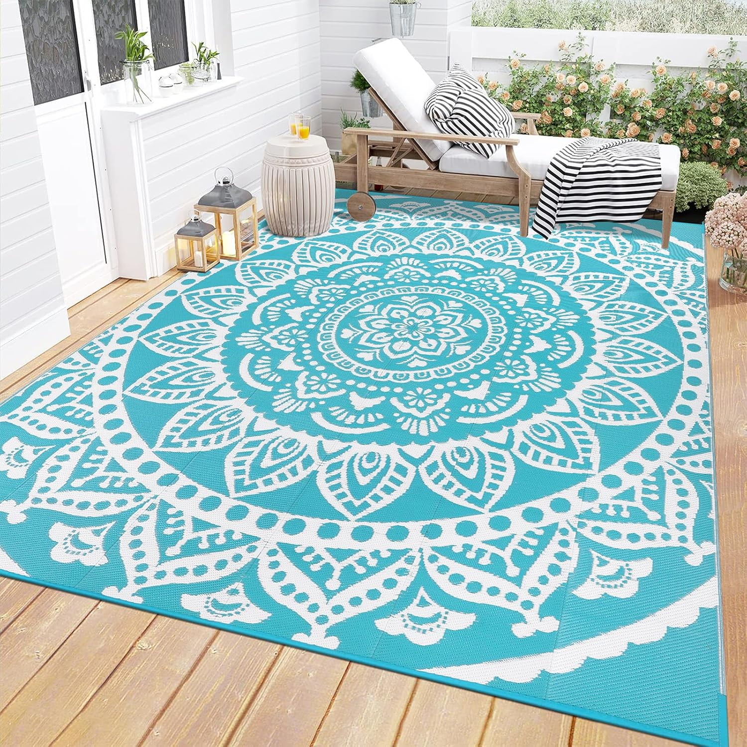 Waterproof Outdoor Rug 6'x9' Reversible Boho Plastic Straw Patio Deck ...