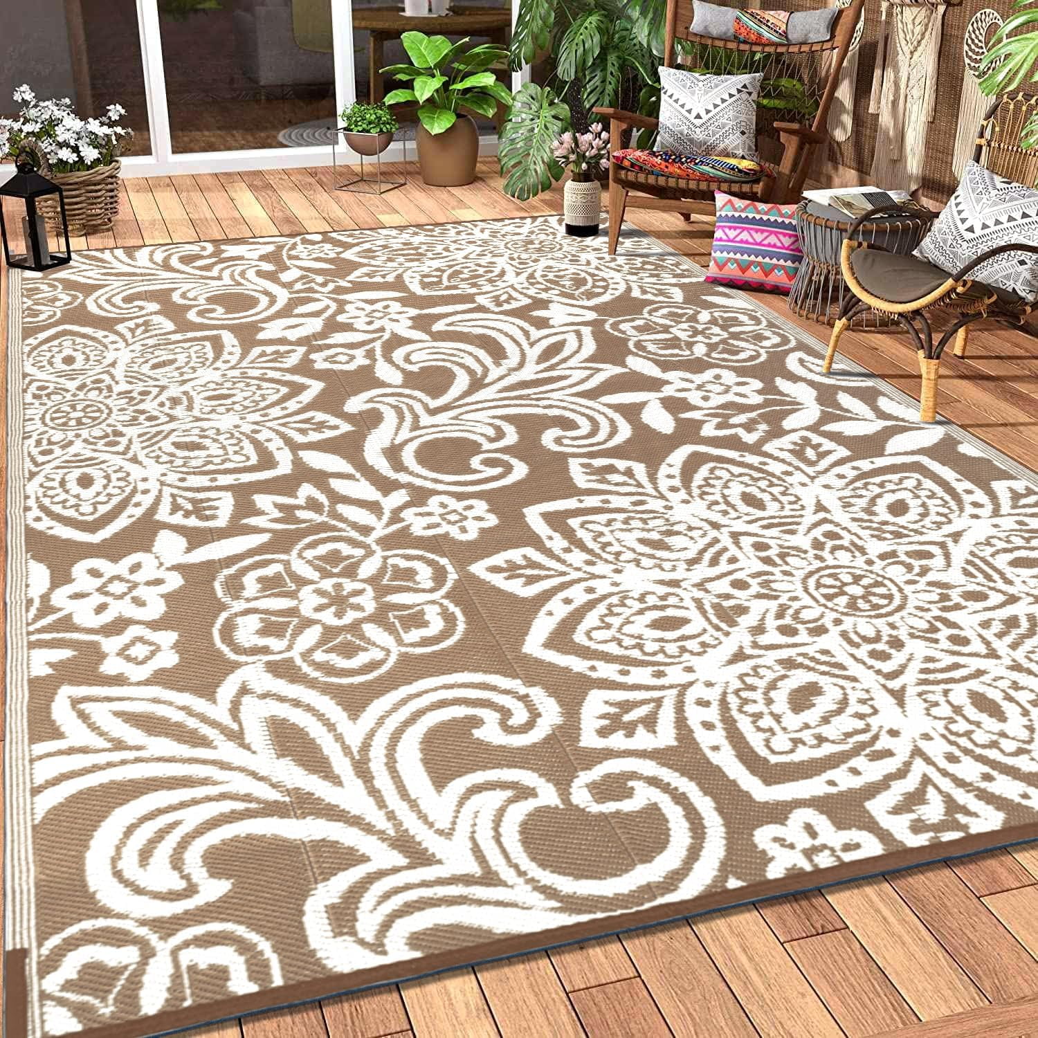 Waterproof Outdoor Rug 8' x 10' - Reversible Mandala Outdoor Plastic ...