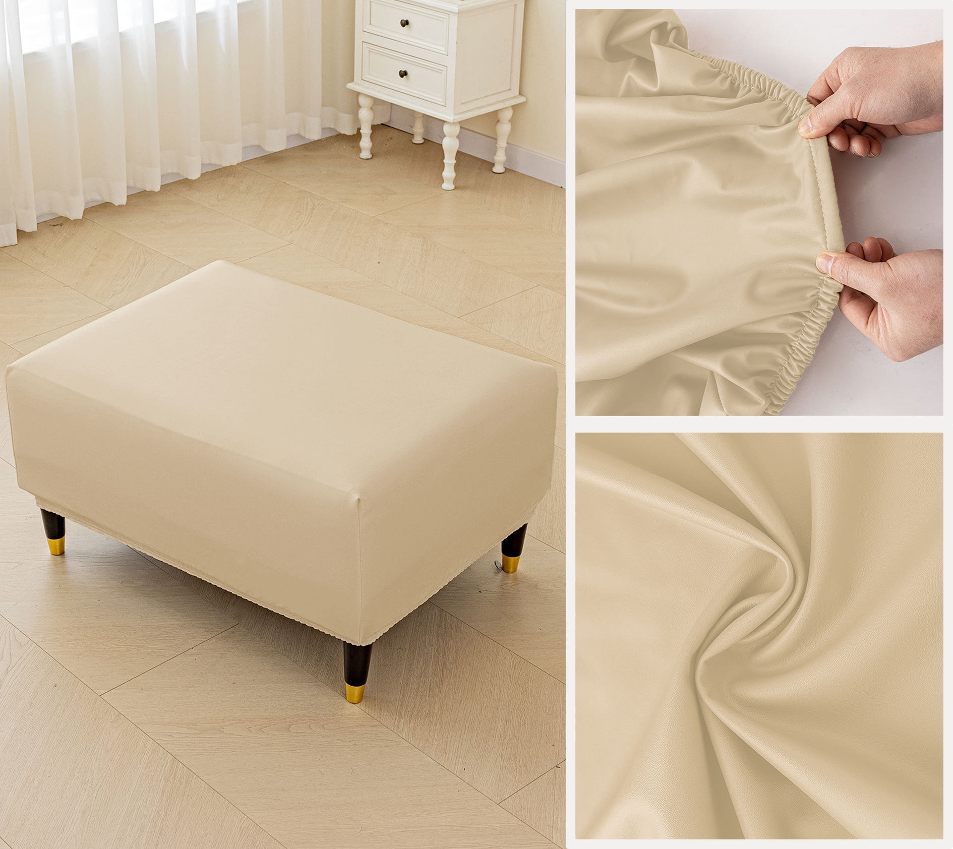 Waterproof PU Leather Ottoman Cover Rectangle Footstool Cover Stretch ...