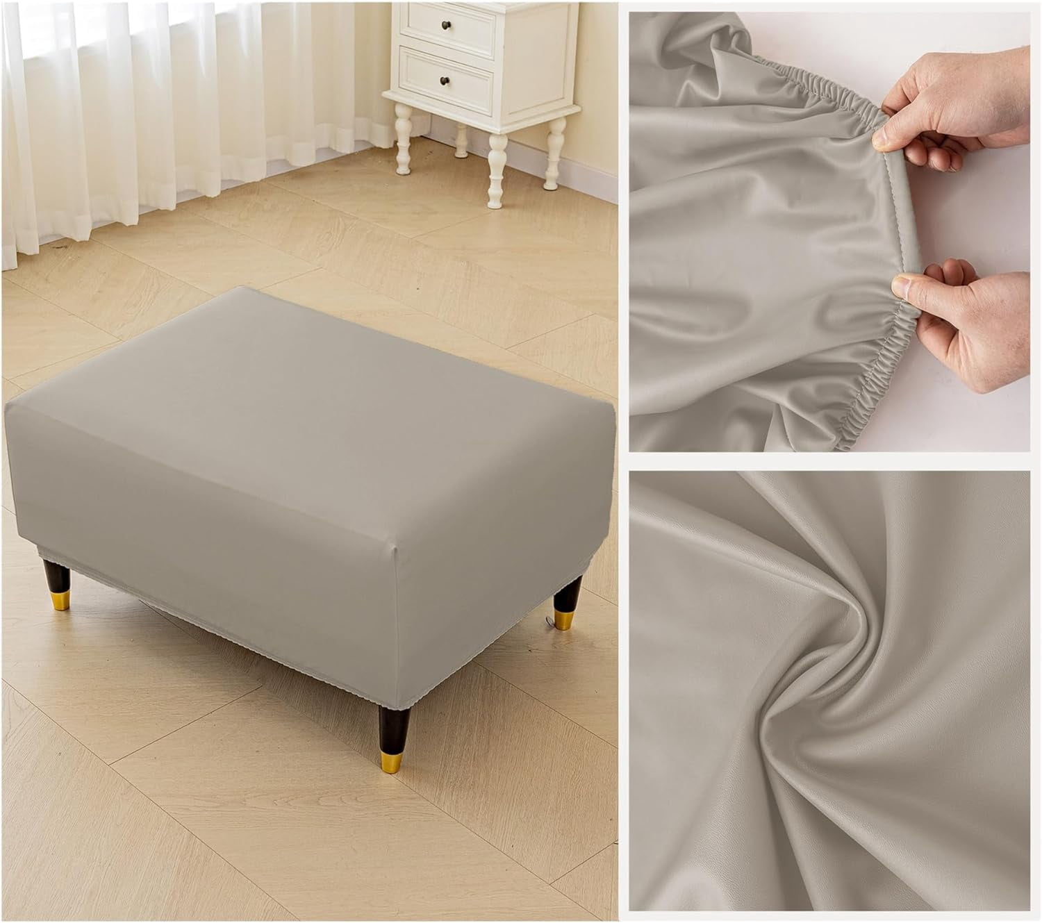 Waterproof PU Leather Ottoman Cover Rectangle Footstool Cover Stretch ...